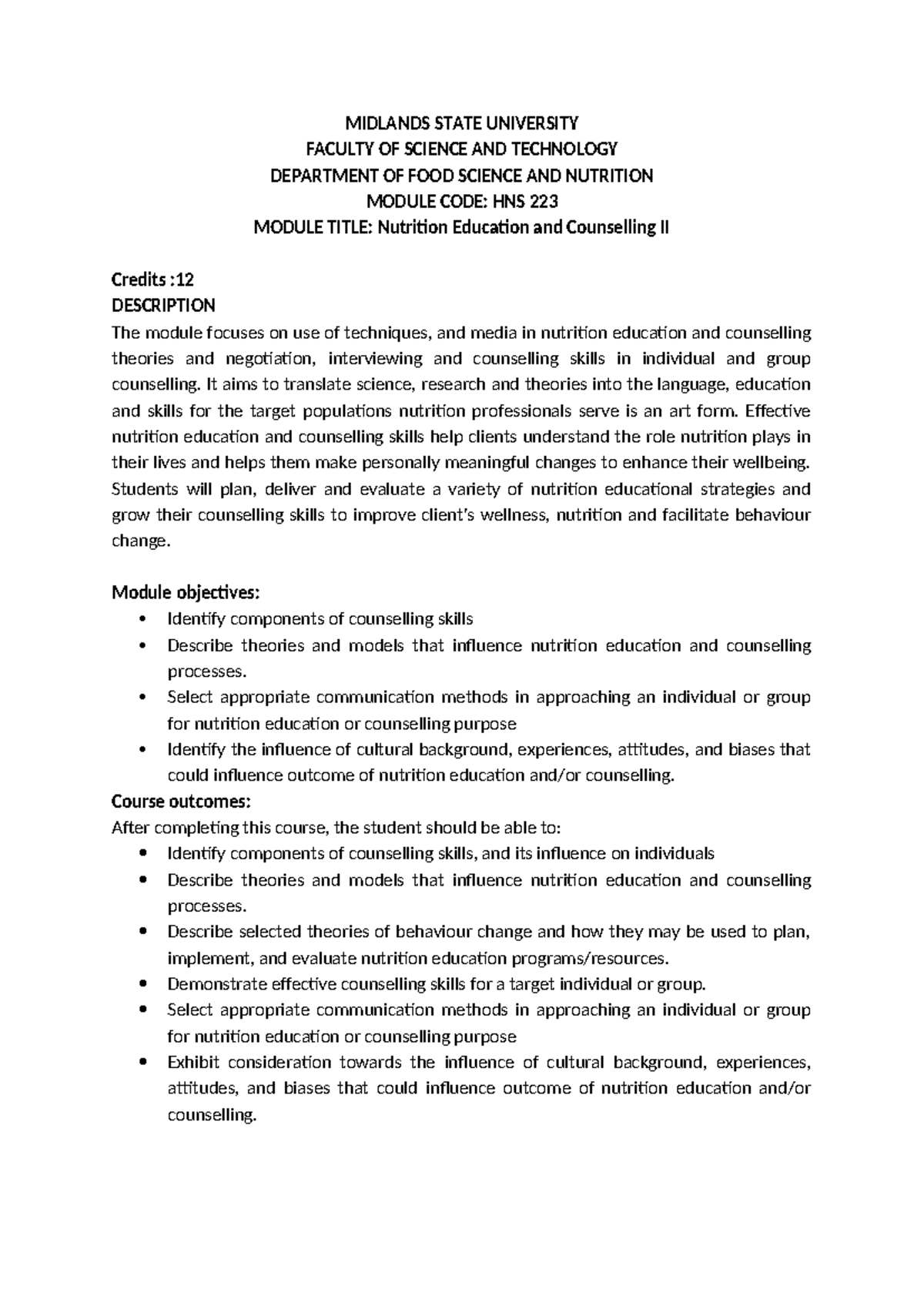 HNS 223 course outline - MIDLANDS STATE UNIVERSITY FACULTY OF SCIENCE ...