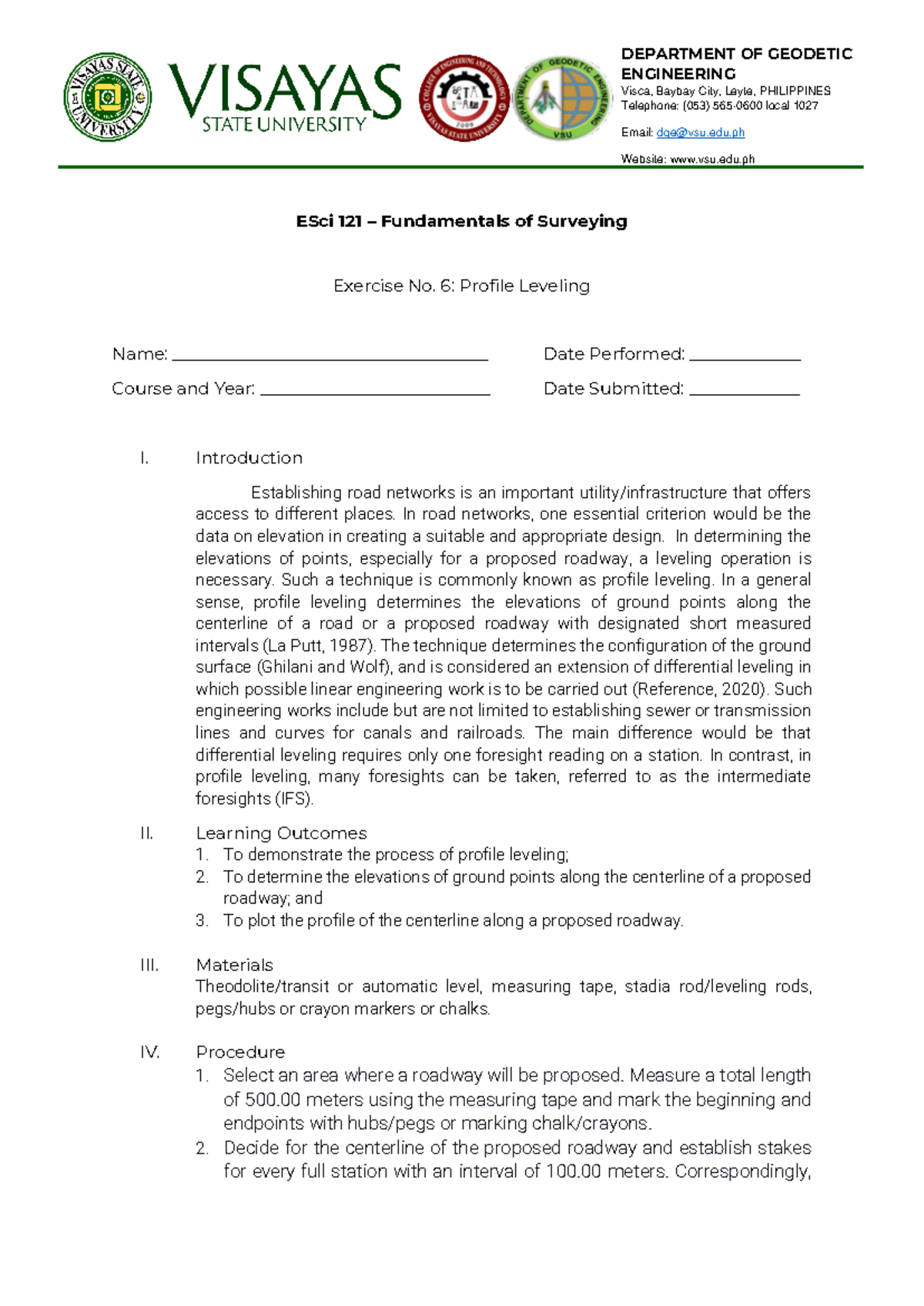 Exercise-6 Profile-Leveling - ESci 121 – Fundamentals of Surveying ...