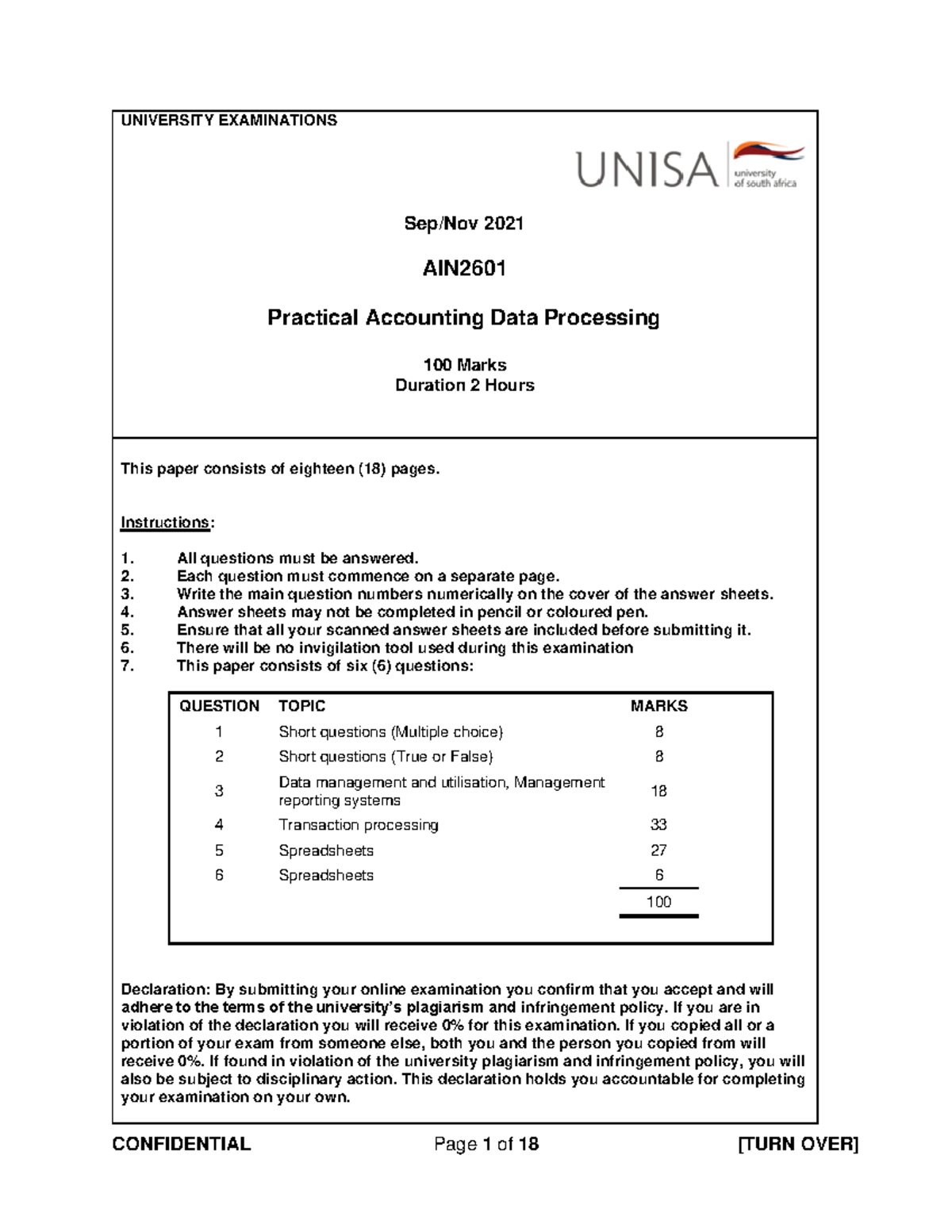 AIN2601 Sep Nov 2021 Exam - UNIVERSITY EXAMINATIONS Sep/Nov 2021 AIN ...