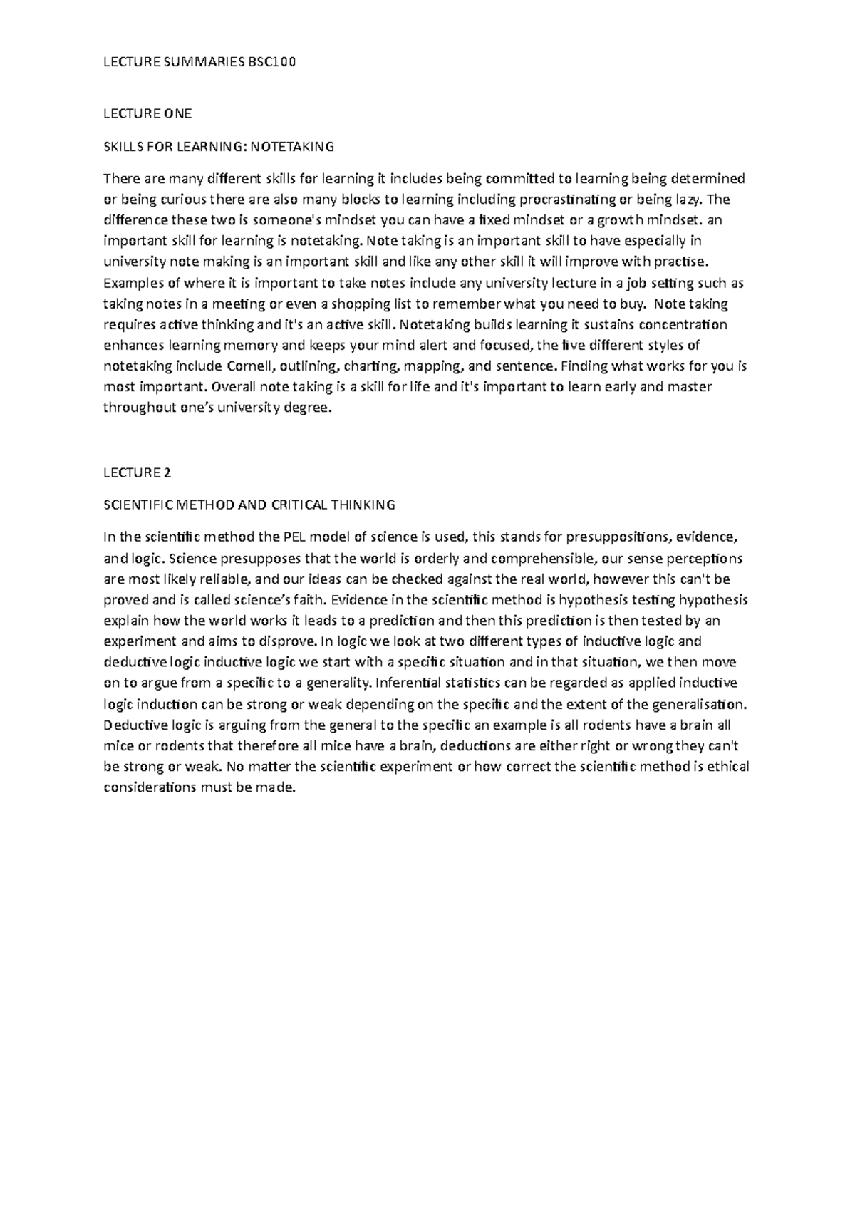 bsc100 lecture summary 1, 2 - LECTURE SUMMARIES BSC LECTURE ONE SKILLS ...