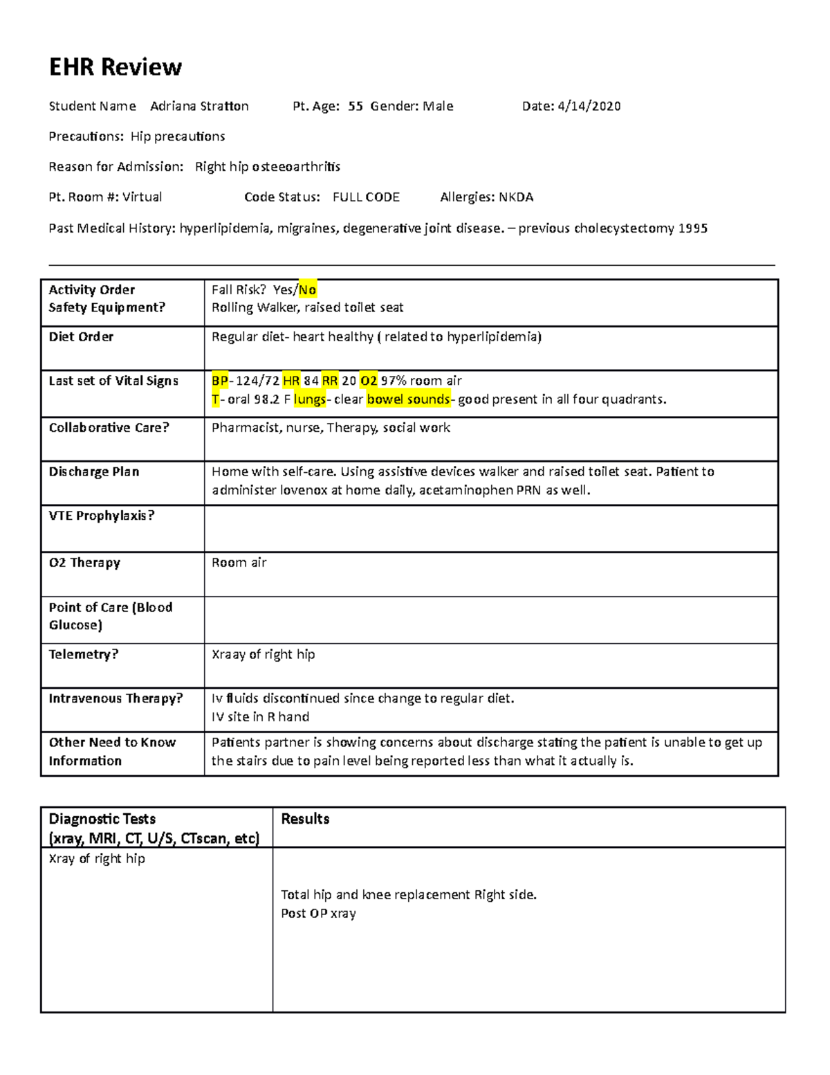 Week 4 clinical forms - EHR Review Student Name Adriana Stratton Pt ...