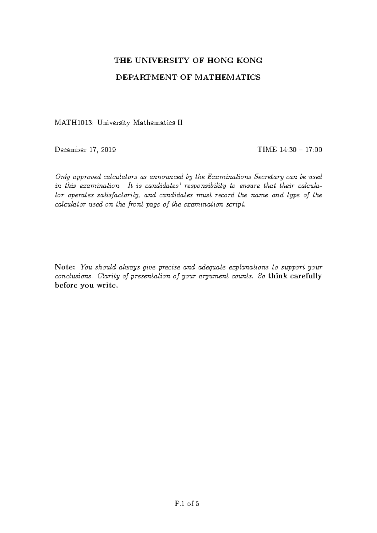 2019 12 exam paper math1013 - THE UNIVERSITY OF HONG KONG DEPARTMENT OF MATHEMATICS MATH1013 ...