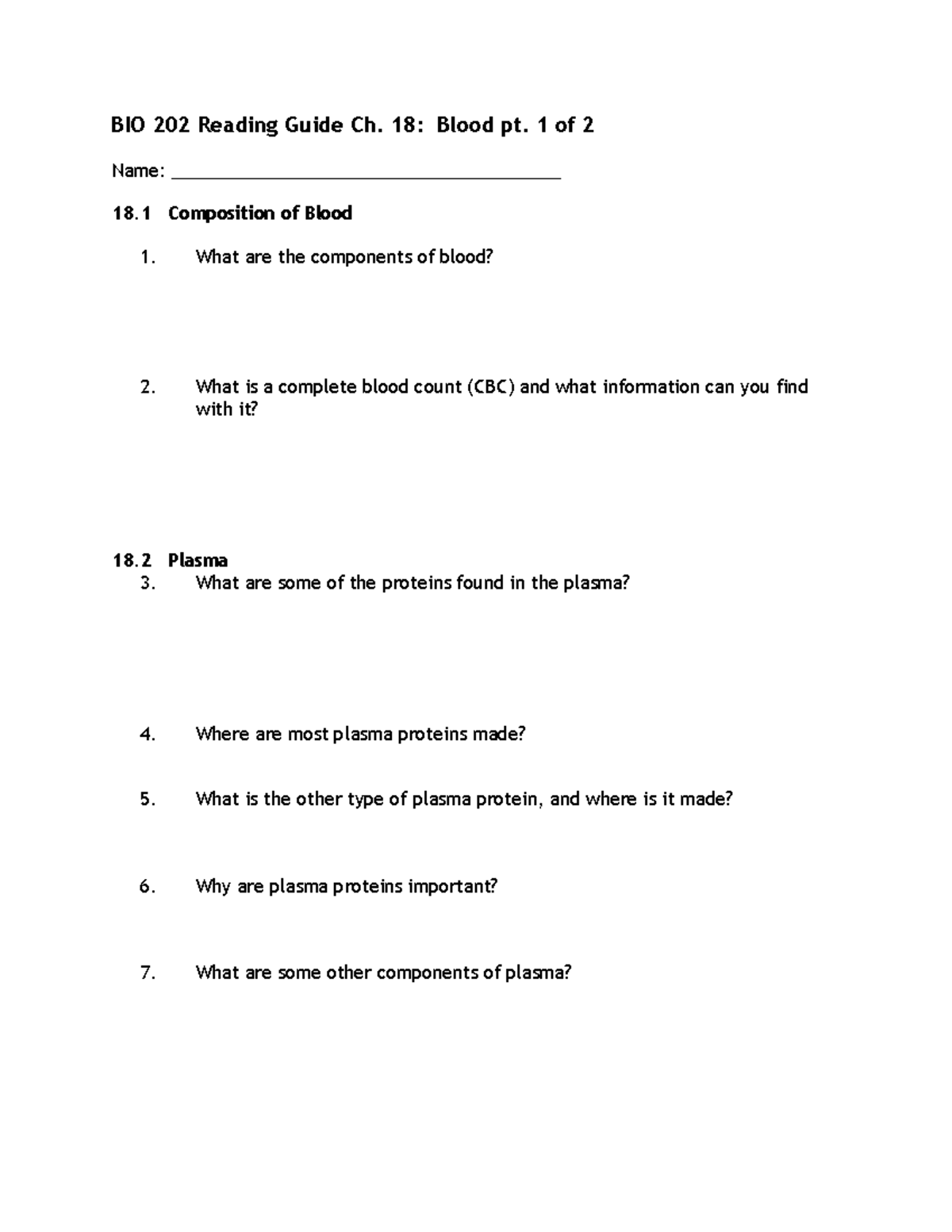 Reading Guide Chapter 18 #1 - BIO 202 Reading Guide Ch. 18: Blood pt. 1 of 2 Name: 18 ...