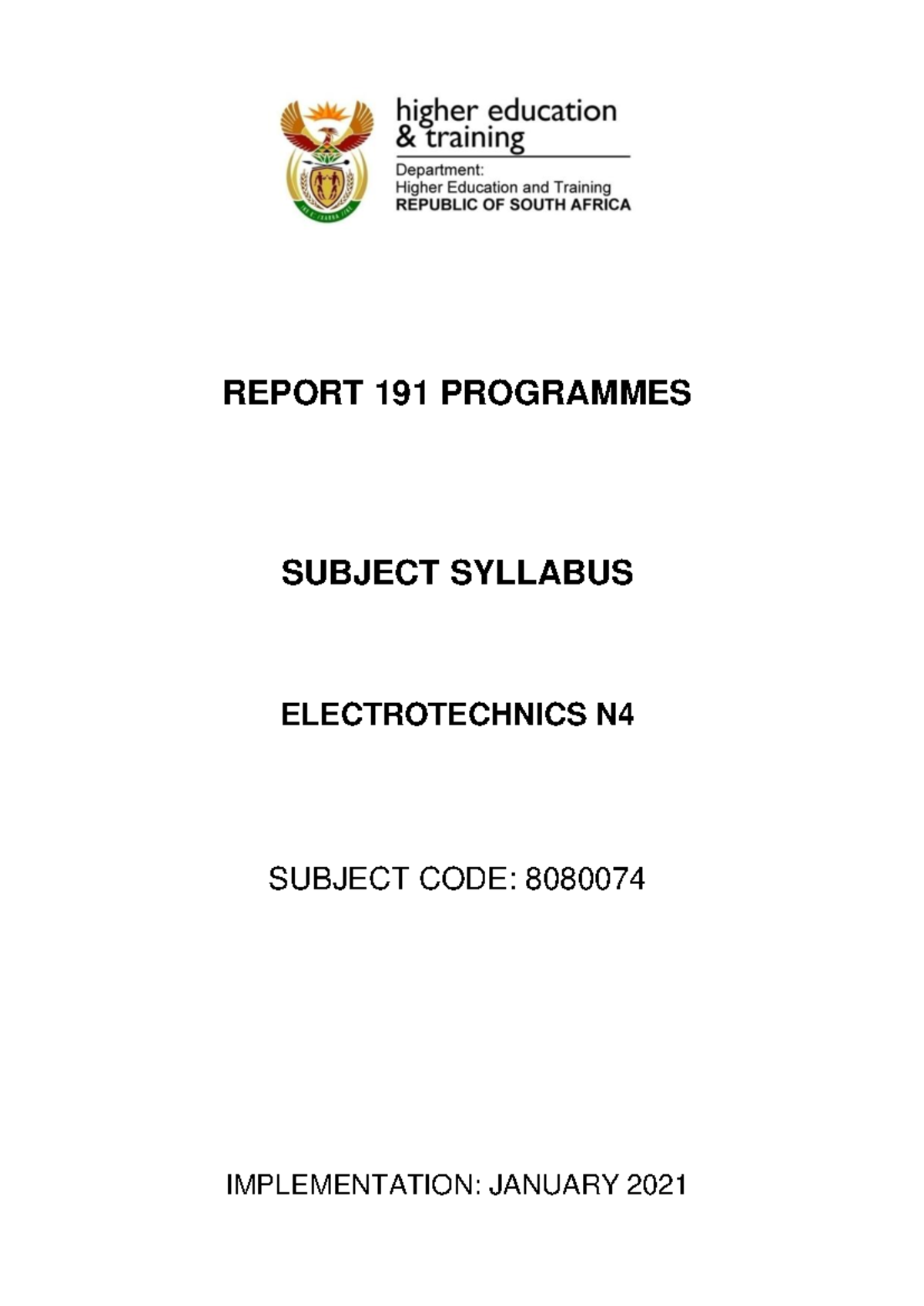 N4 Electrotechnics - Electrical engineering - REPORT 191 PROGRAMMES ...