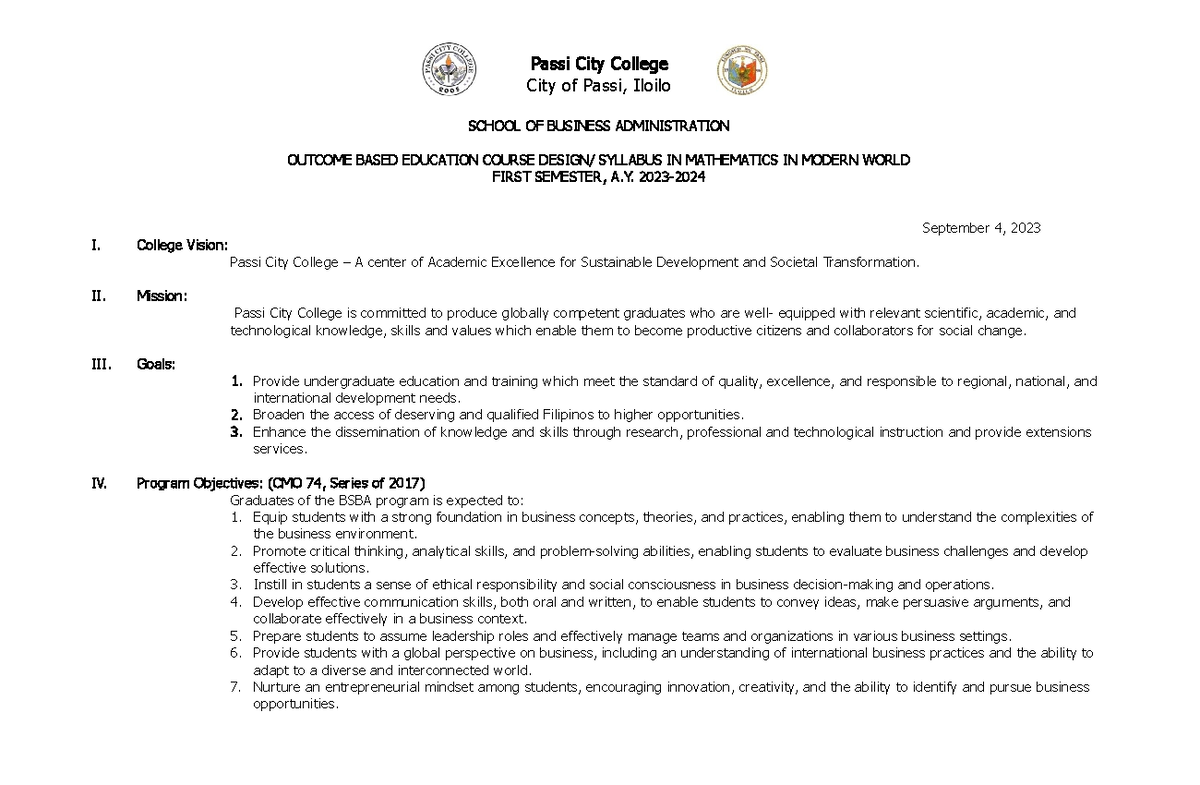 Syllabus Mathematics In A Modern World Passi City College City Of Passi Iloilo School Of