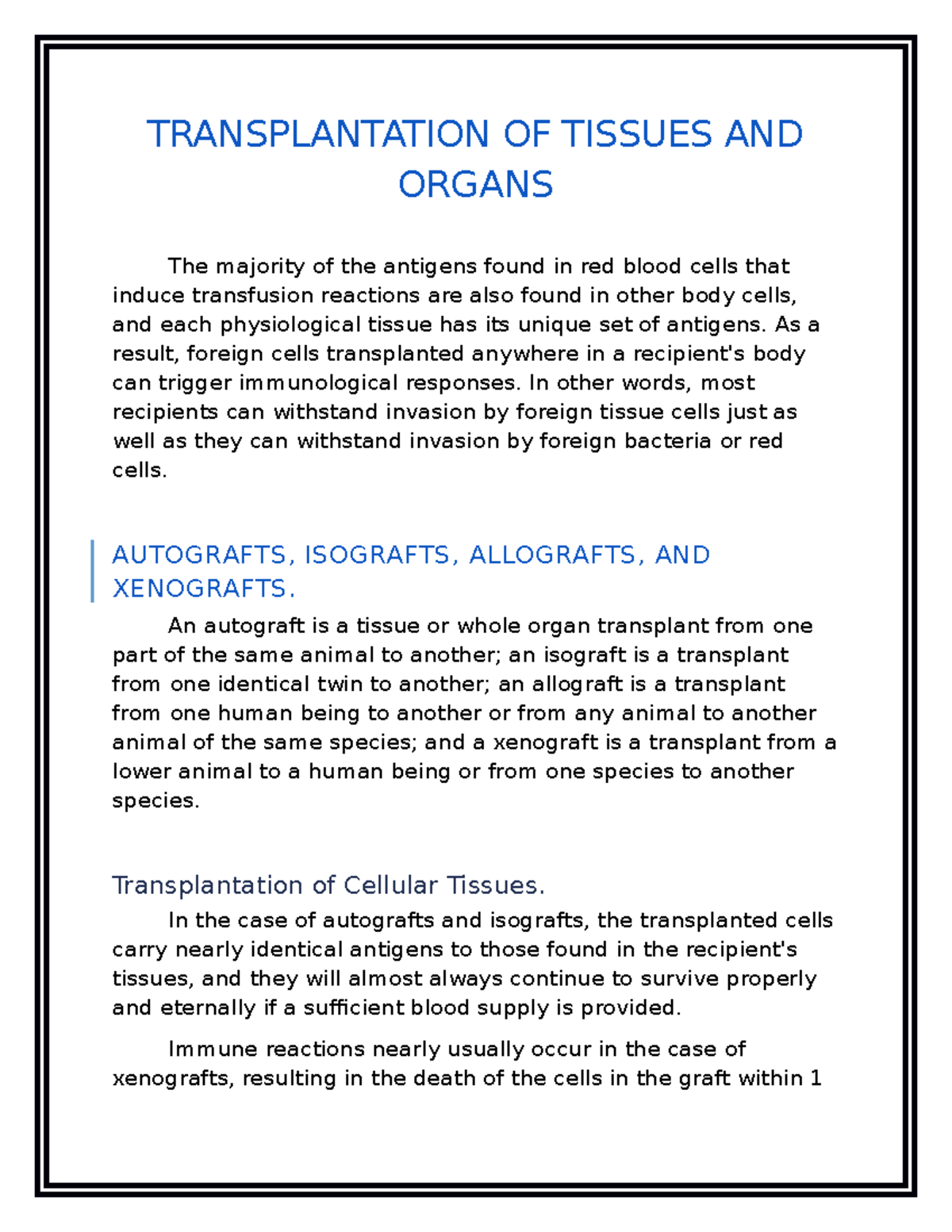 Transplantation OF Tissues and Organs - TRANSPLANTATION OF TISSUES AND ...