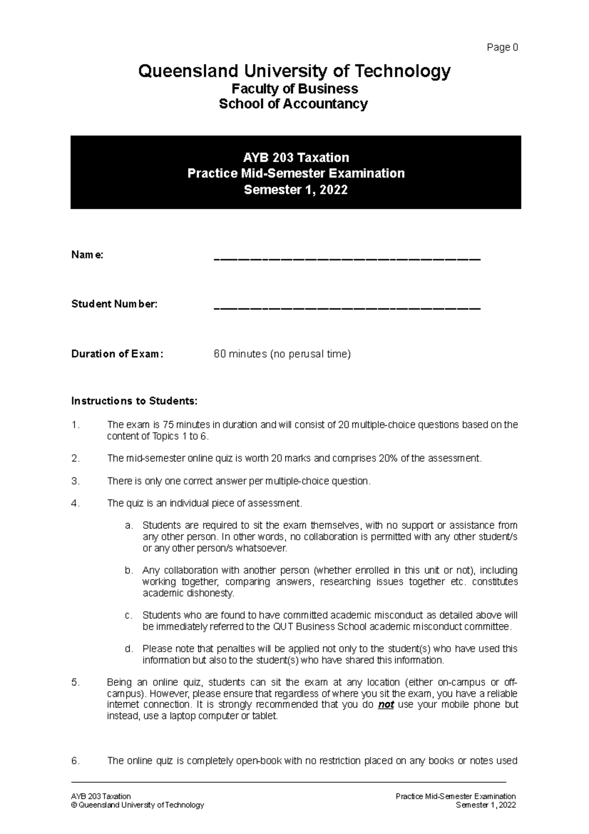 AYB 203 Practice Mid Semester Examination Paper Semester 1 2022 ...