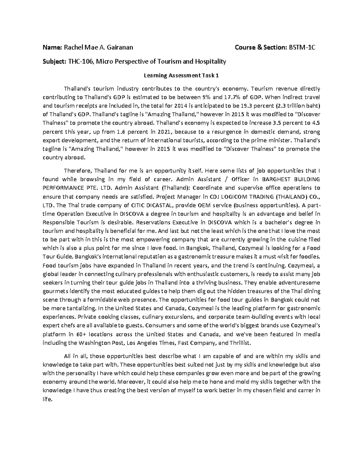 THC-106 Micro Perspective of Tourism and Hospitality-Learning Assessment Task1 - Name: Rachel ...