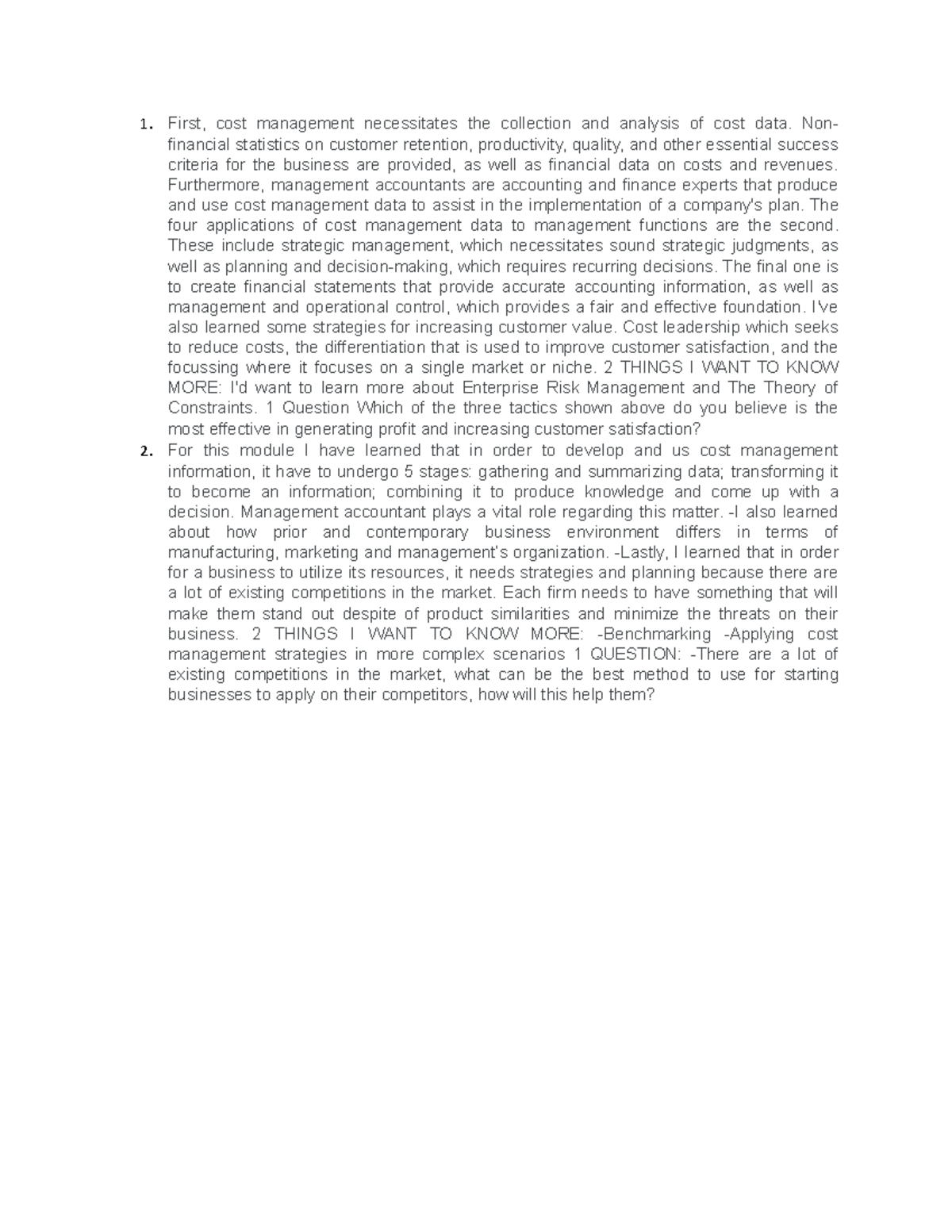 Cost Accounting Activity 9 - First, cost management necessitates the ...