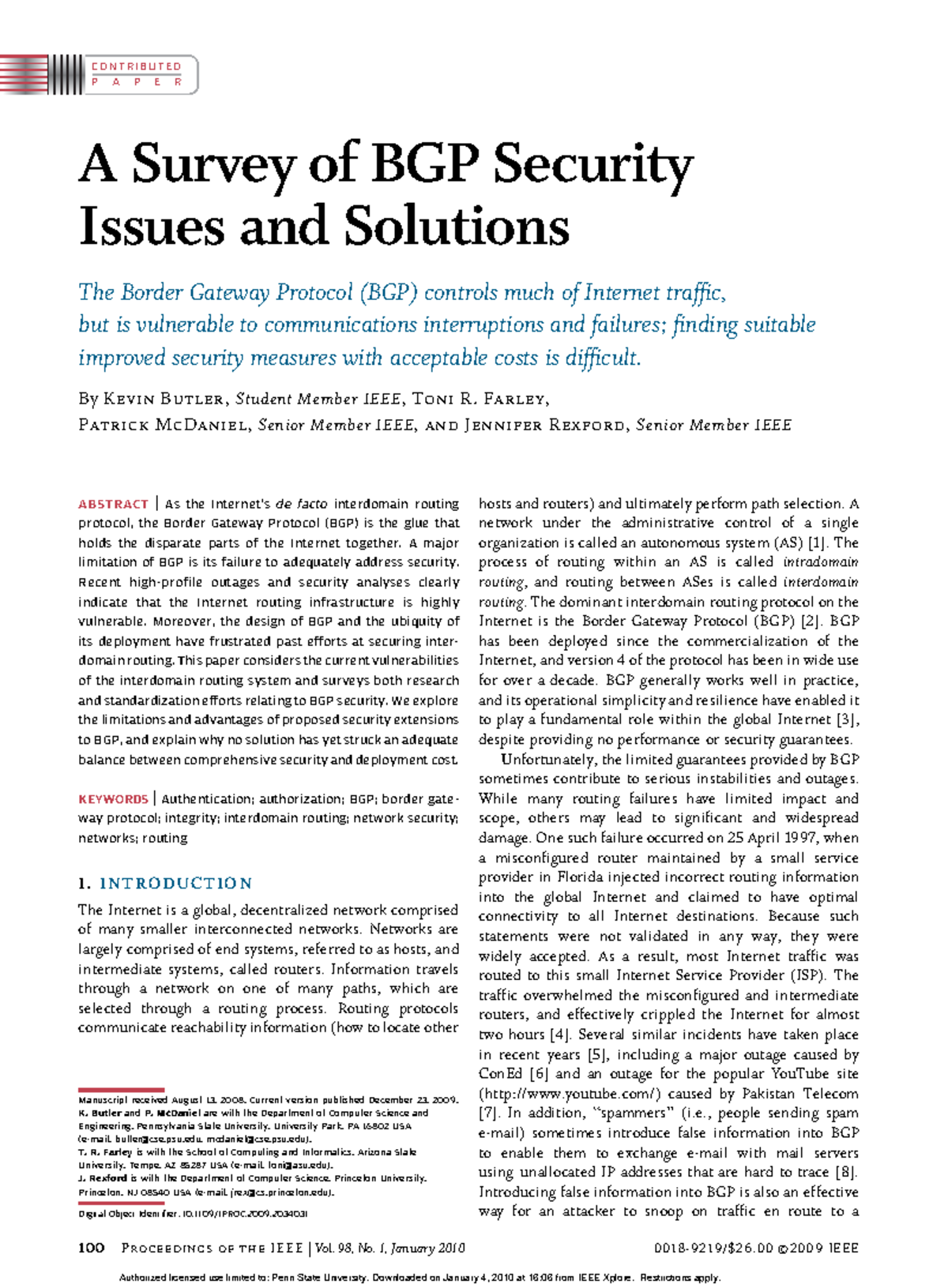 A Survey of BGP Security - C O N T R I B U T E D P A P E R A Survey of ...