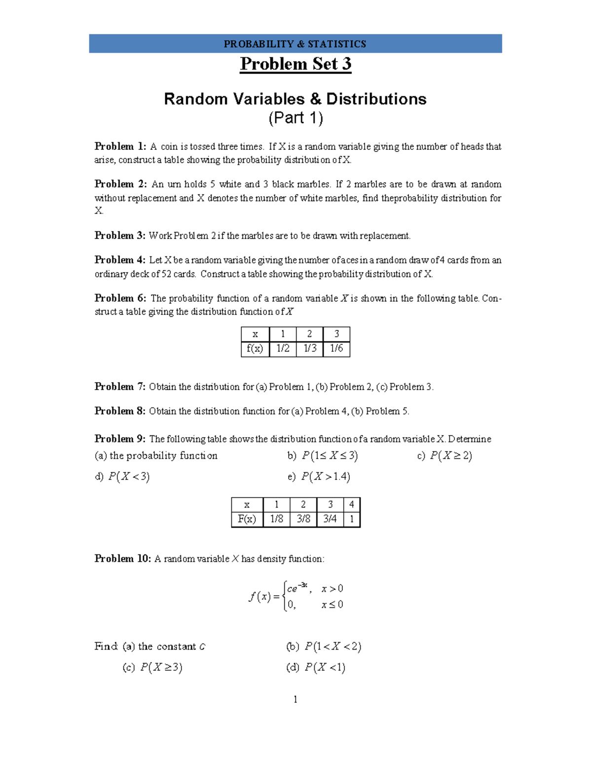 Homework 3 - Problem Set 3 Random Variables & Distributions (Part 1 ...