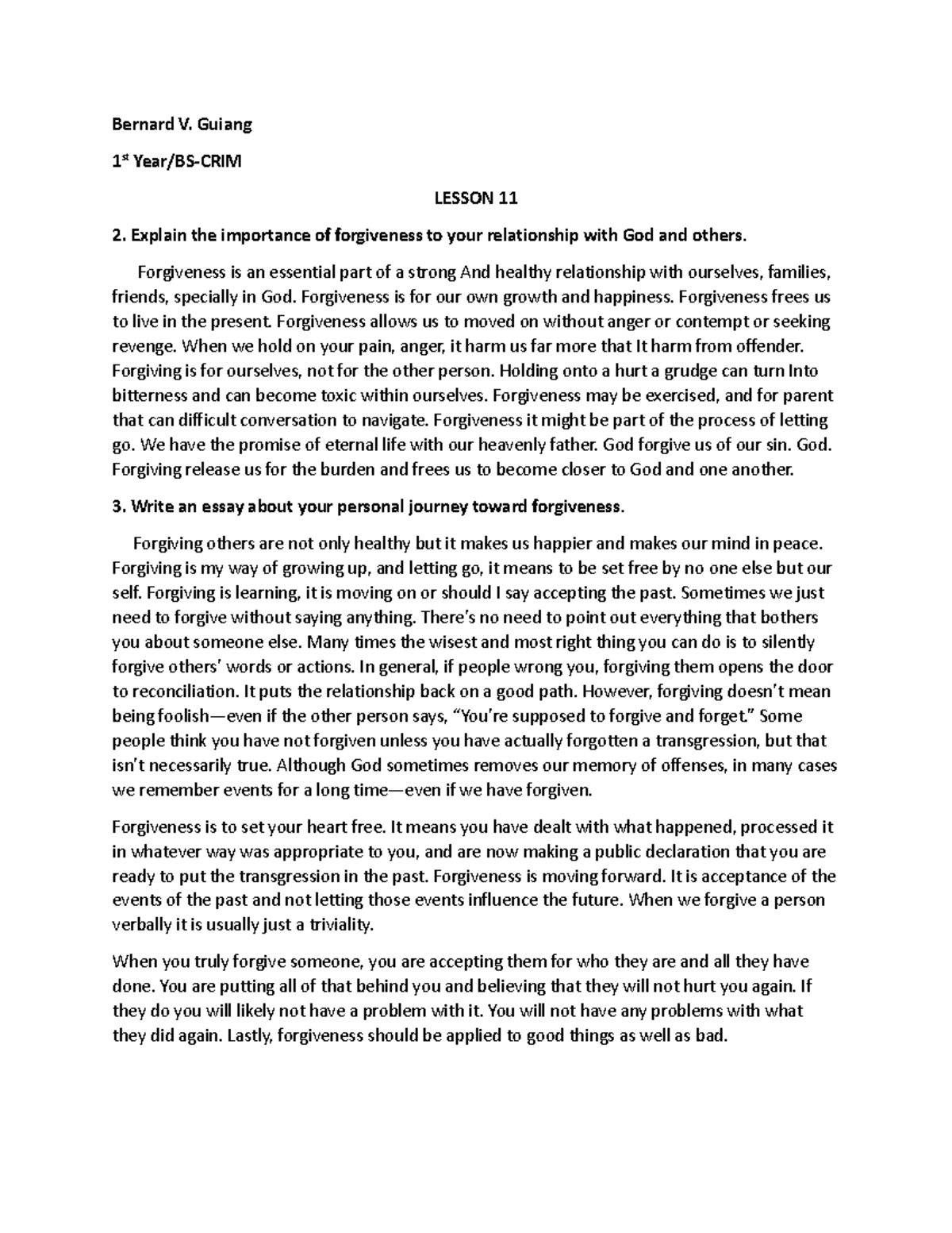 Christian values - Bernard V. Guiang 1 st Year/BS-CRIM LESSON 11 2 ...