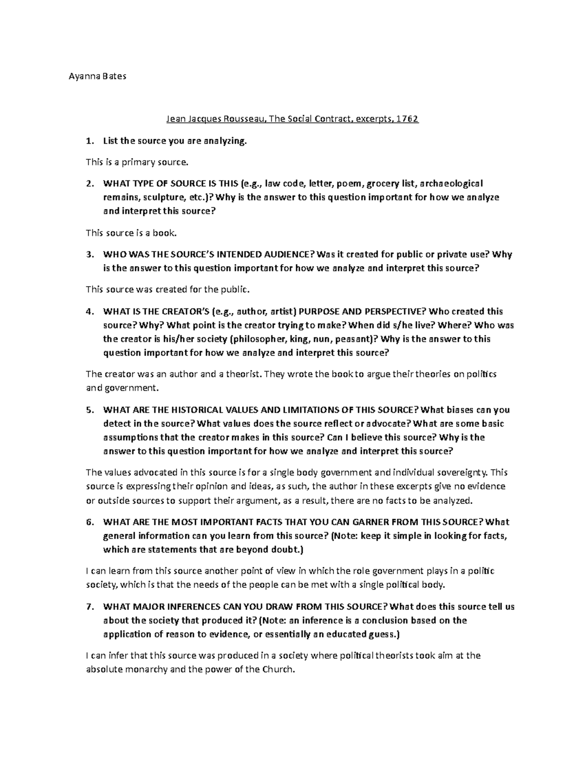 June 17th- Analysis Assignment - Ayanna Bates Jean Jacques Rousseau ...