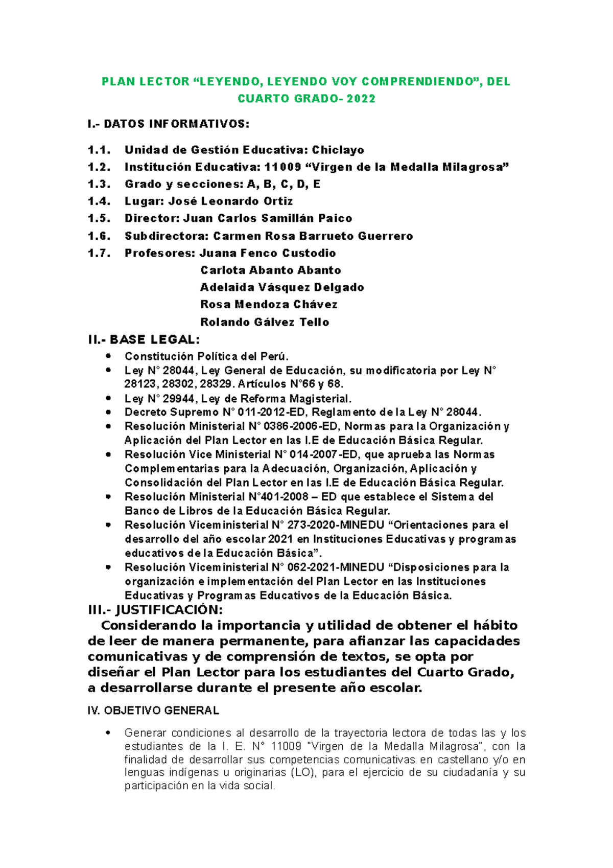 PLAN Lector DEL Cuarto Grado - PLAN LECTOR “LEYENDO, LEYENDO VOY ...