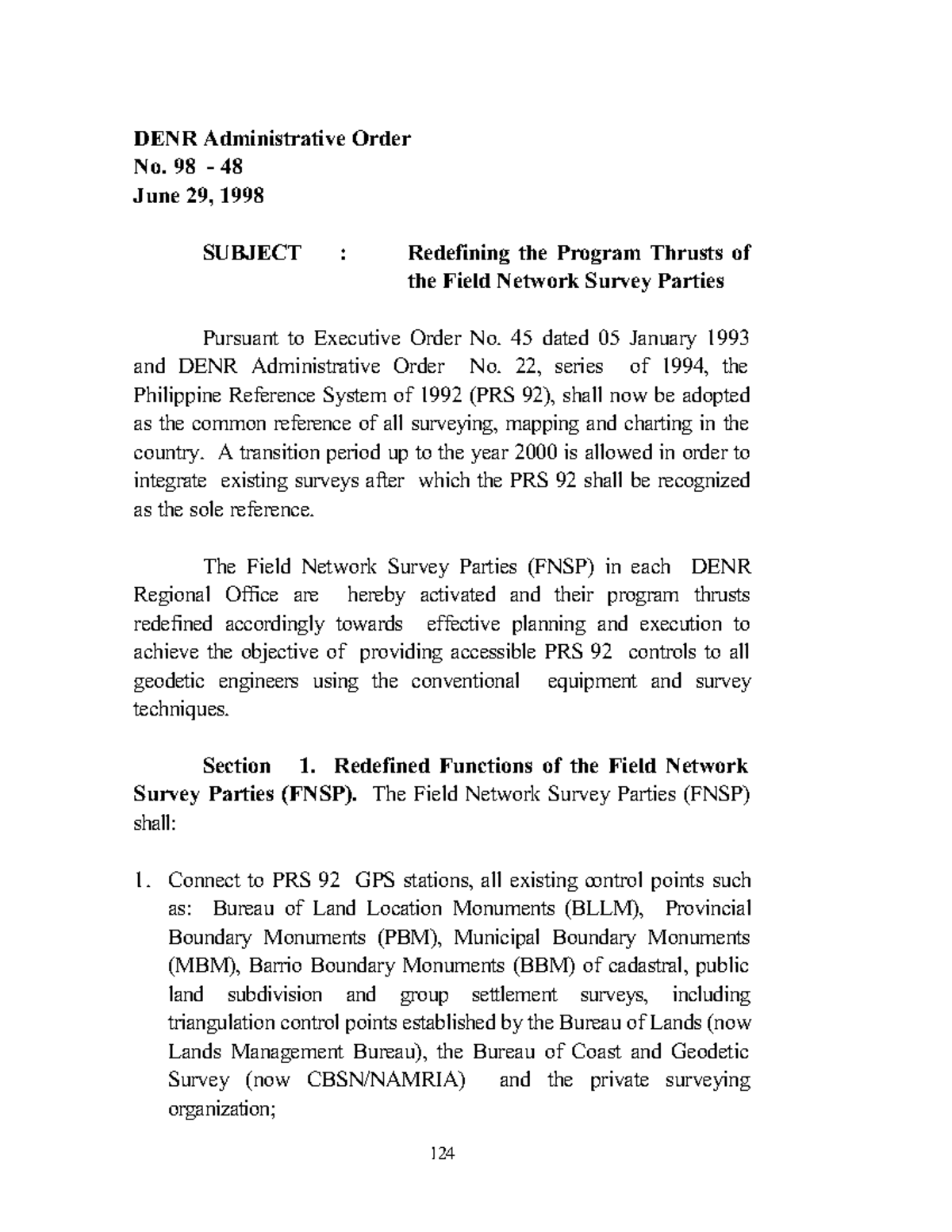DAO 98-48 FNSP of DENR - FNSP of DENR - DENR Administrative Order No ...