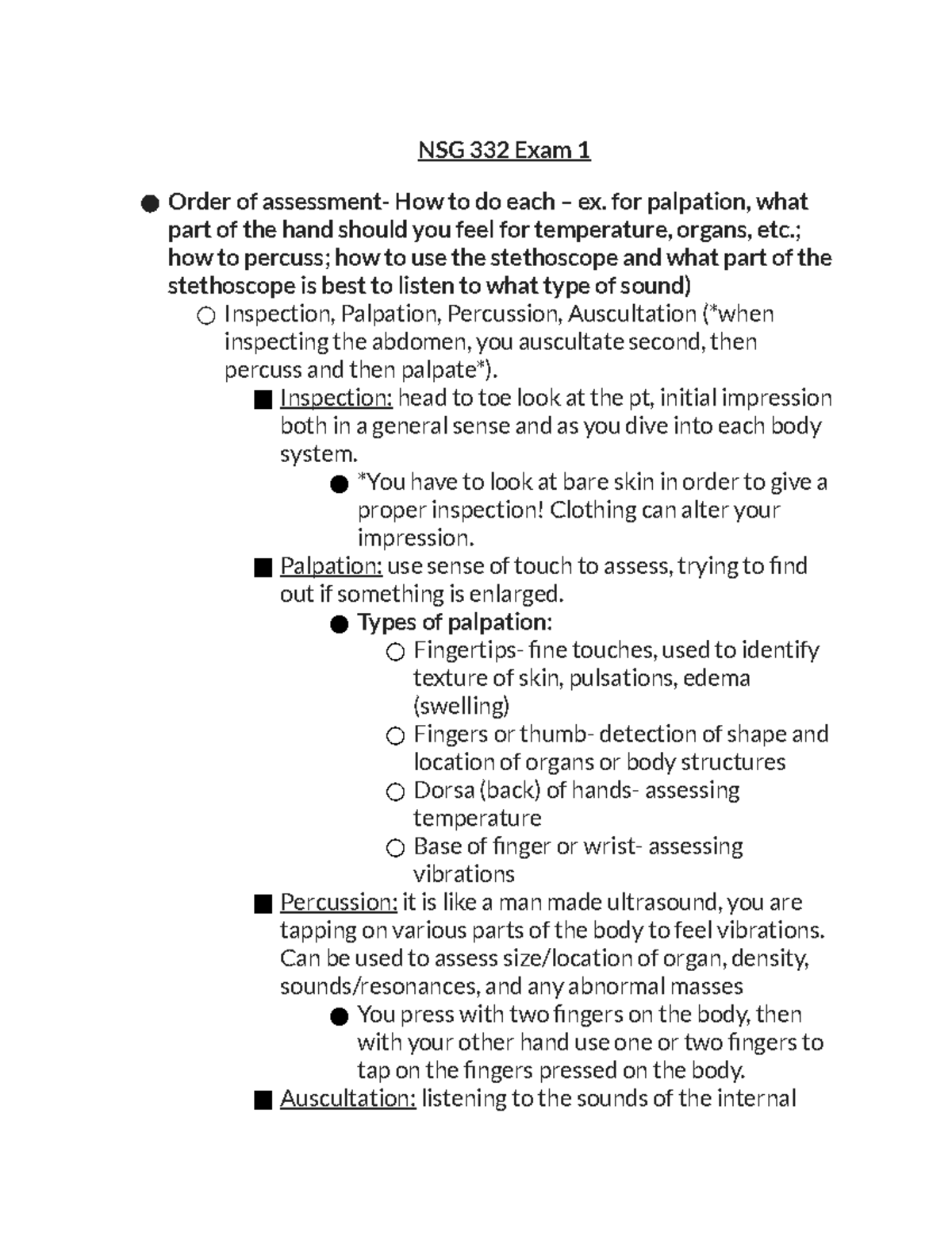 NSG 332 Exam 1 - Final Study Guide - NSG 332 Exam 1 Order of assessment ...