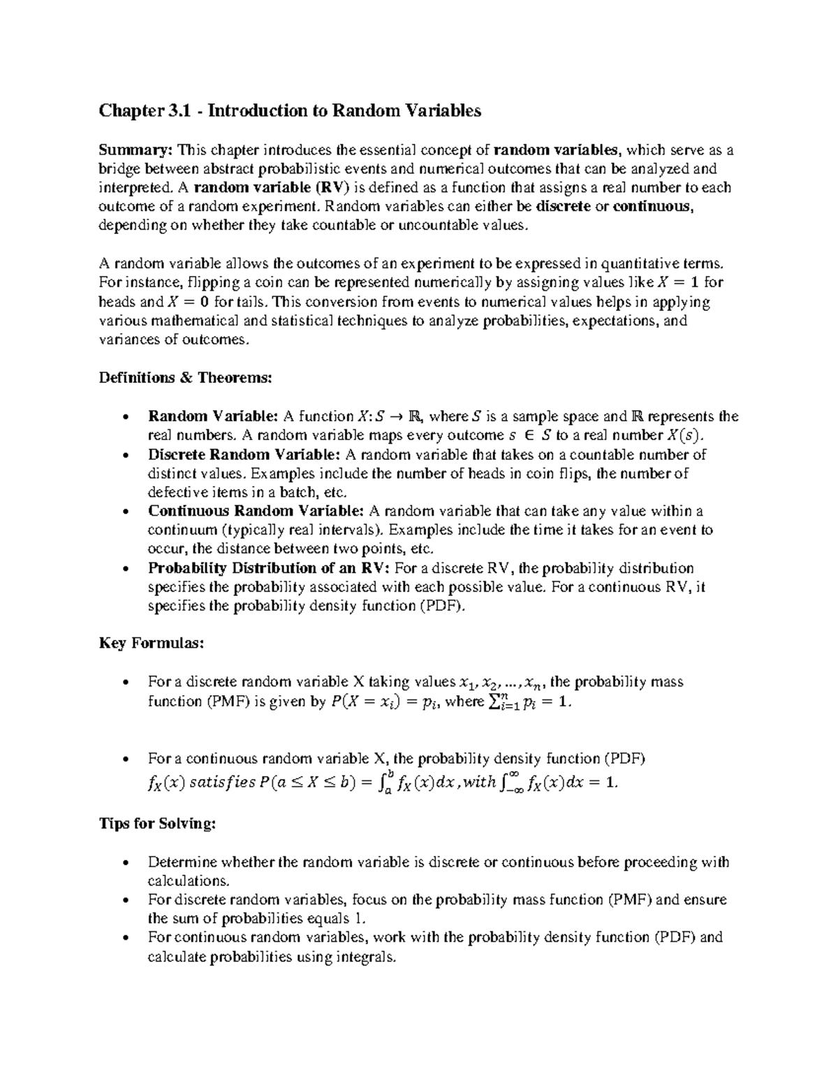Section II- Chapters Summary - Chapter 3 - Introduction to Random Variables Summary: This ...
