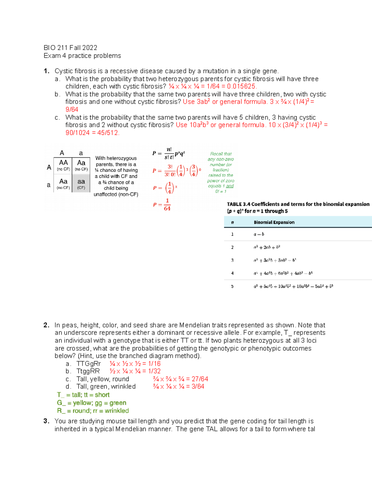 Exam 4 practice problems-key - BIO 211 Fall 2022 Exam 4 practice ...
