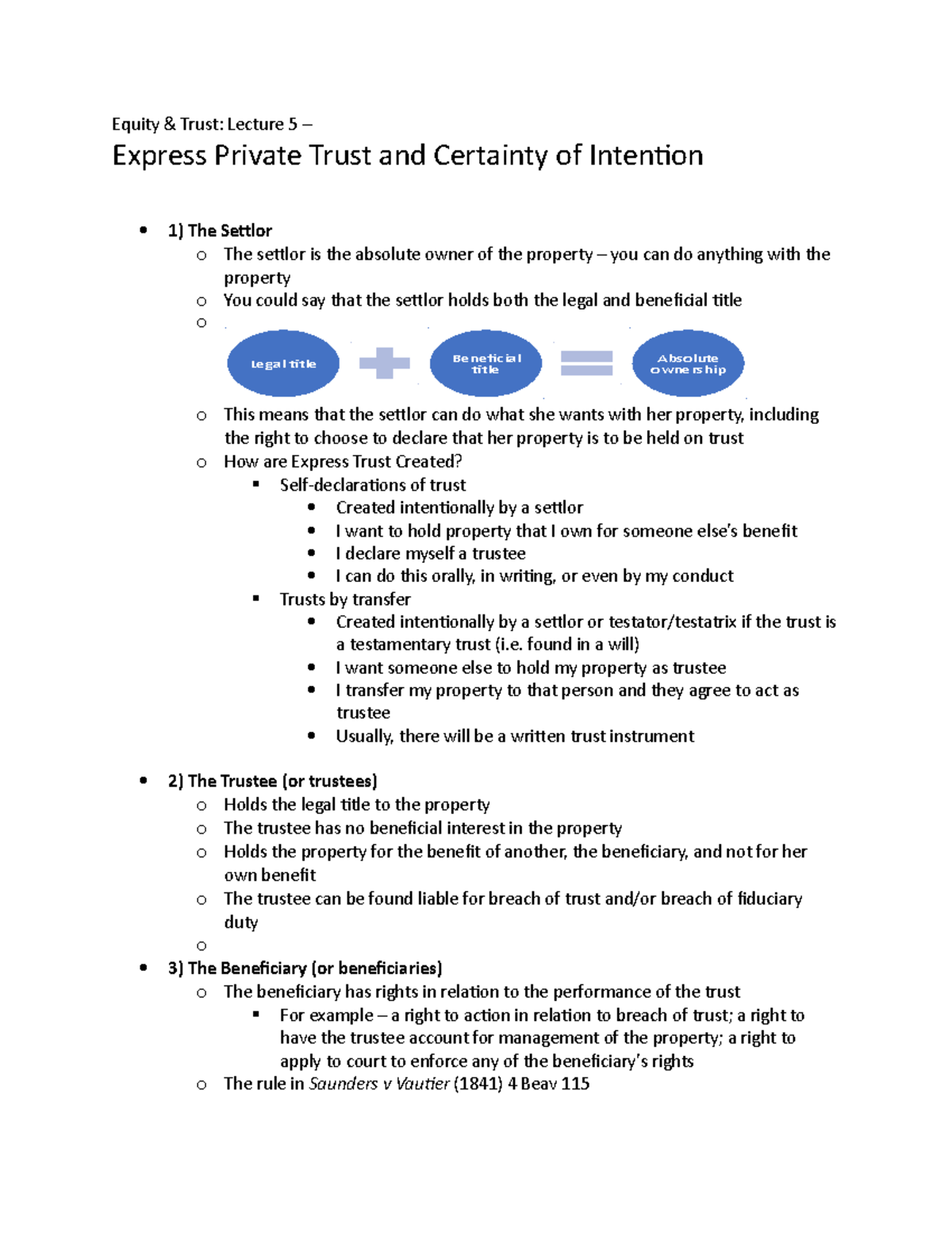 5 - Eptci certainty of intention - Equity & Trust: Lecture 5 – Express Private Trust and - Studocu