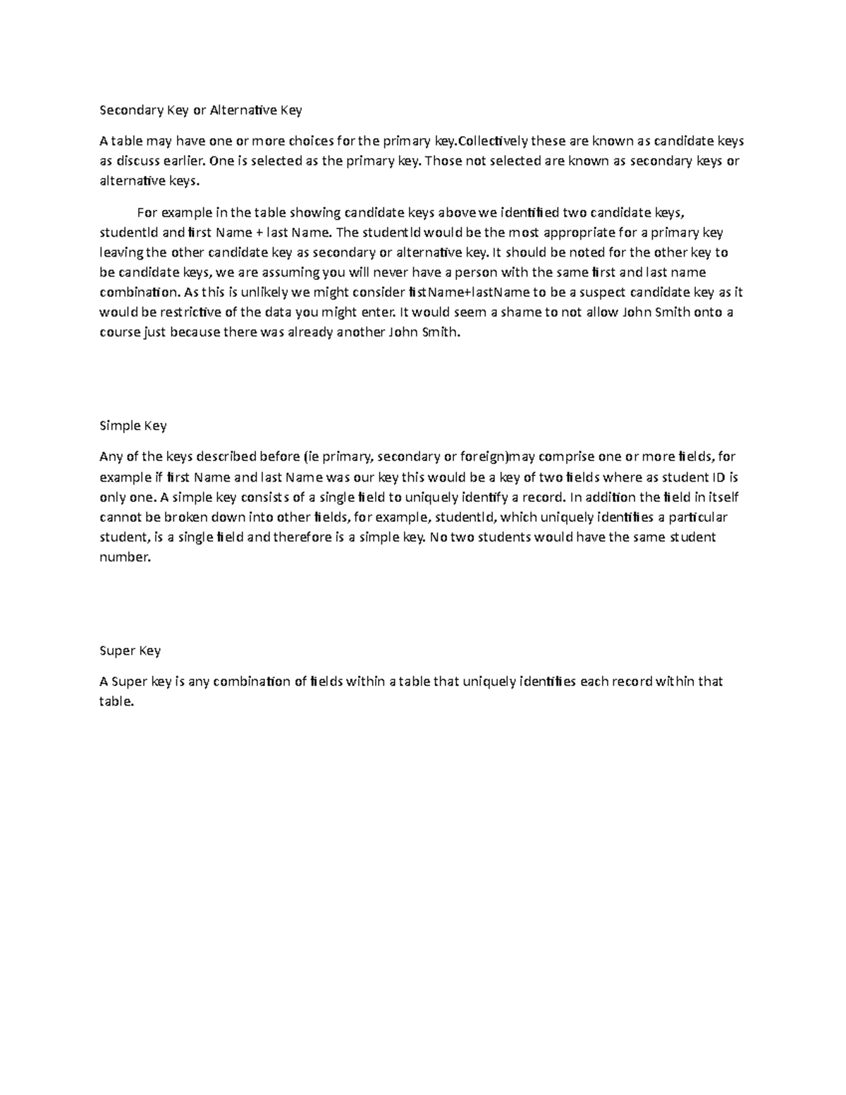 Database management system - Secondary Key or Alternative Key A table ...