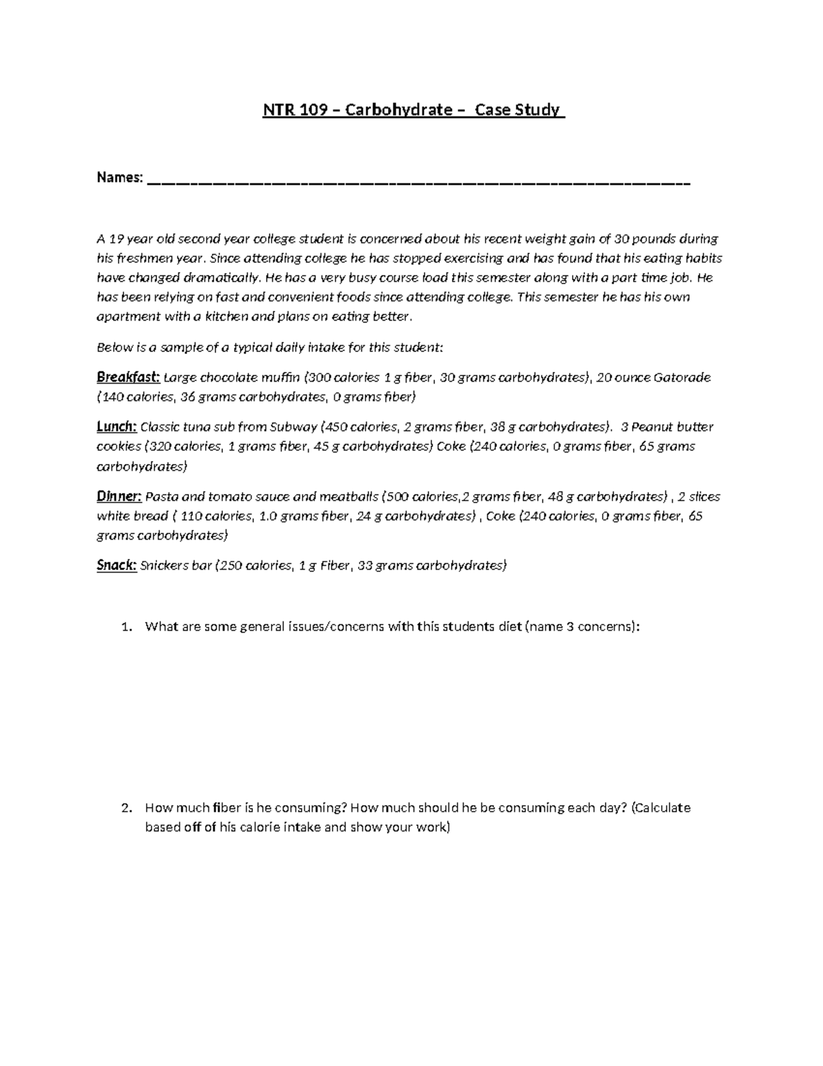 Carbohydrate Case Study - NTR 109 – Carbohydrate – Case Study Names ...