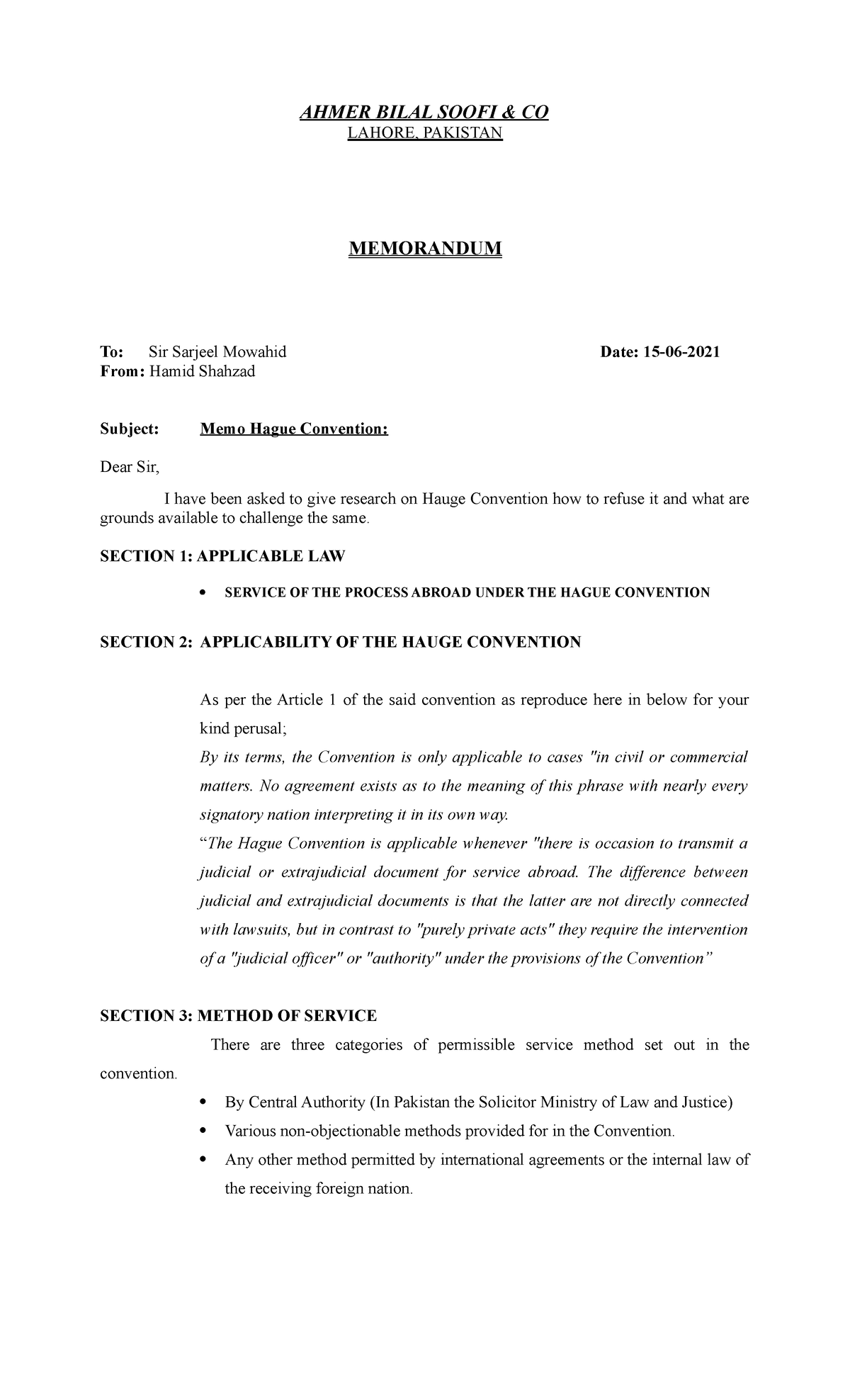 Memo on Hauge Convention - AHMER BILAL SOOFI & CO LAHORE, PAKISTAN MEMORANDUM To: Sir Sarjeel ...