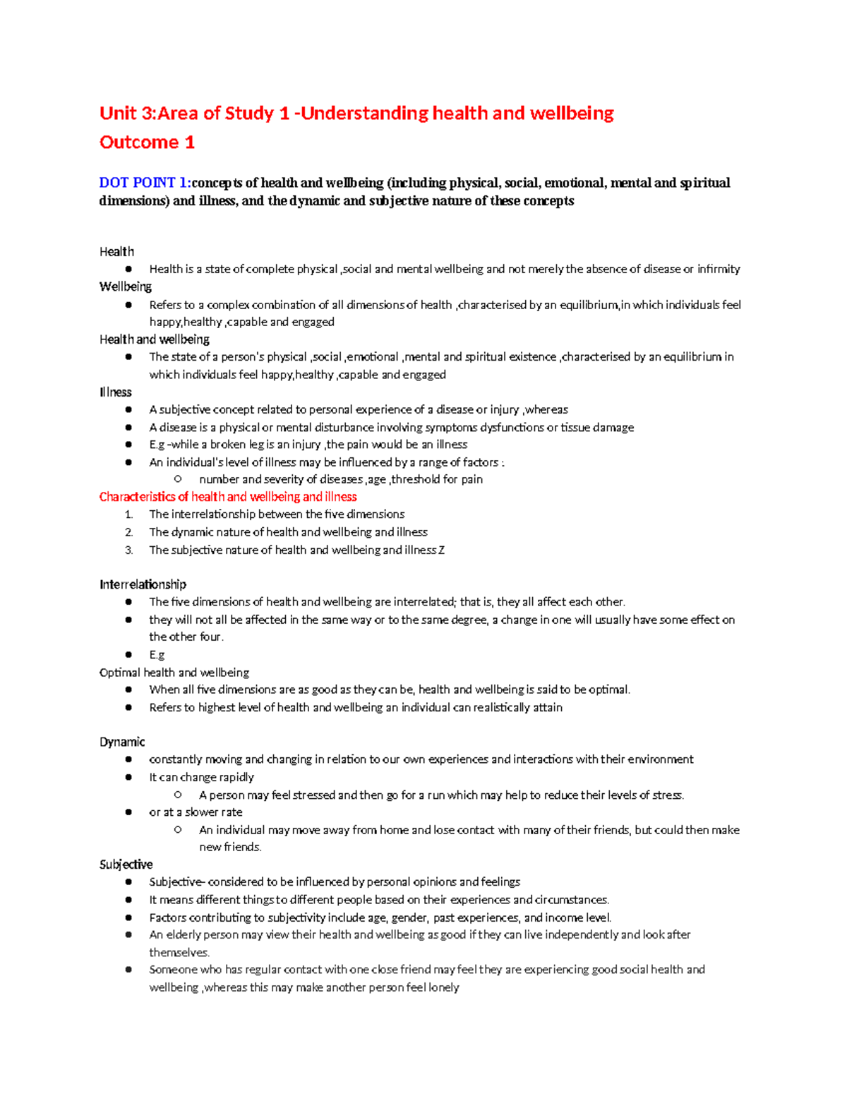 health notes UNIT 3 - Unit 3:Area of Study 1 -Understanding health and ...