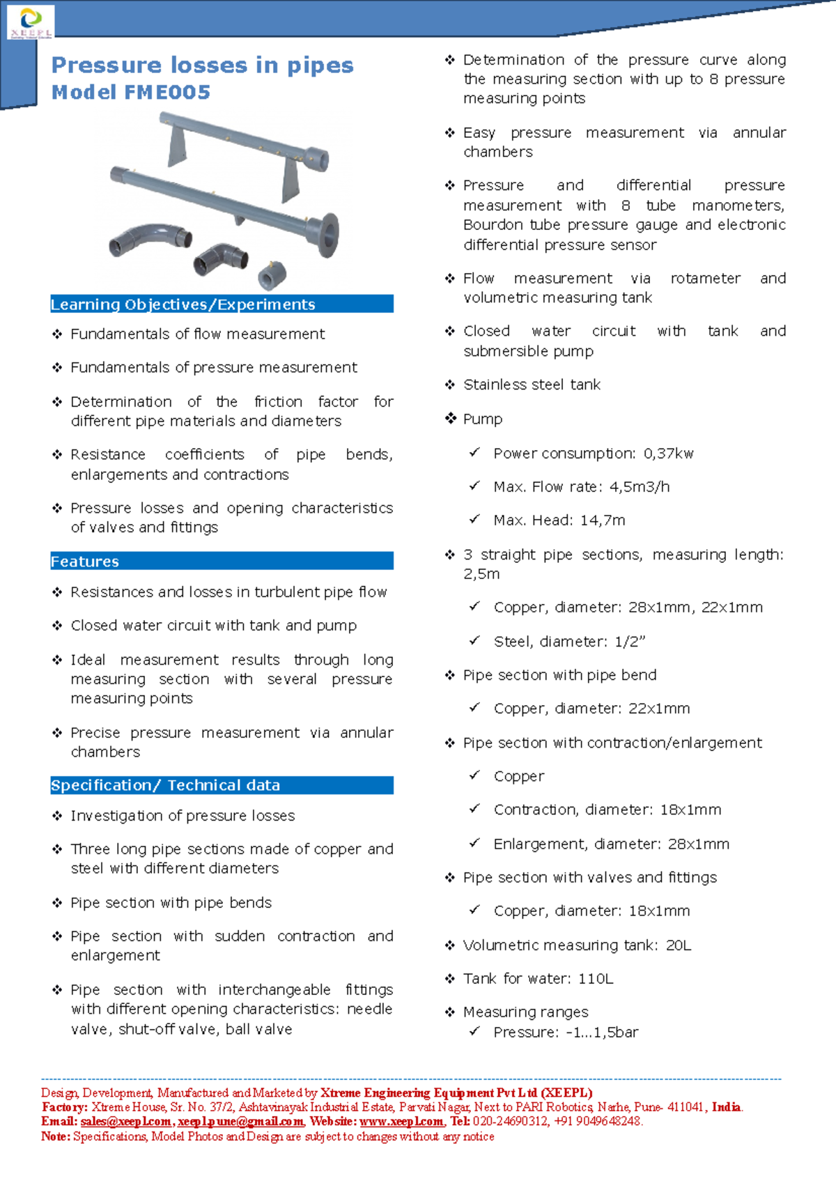 FME 005 Pressure losses in pipes - Pressure losses in pipes Model FME ...