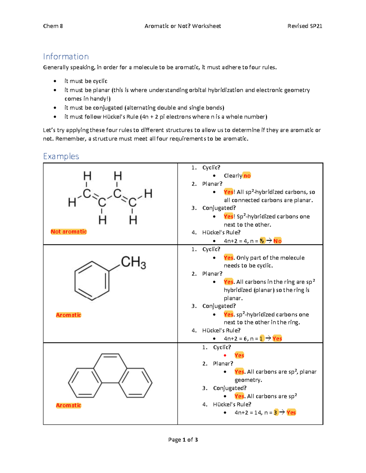 Aromatic or Not Worksheet - Solutions - Chem 8 Aromatic or Not ...