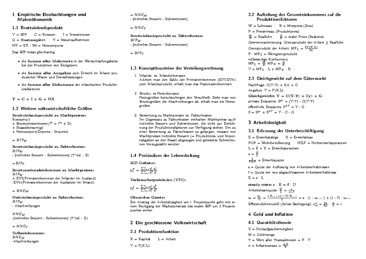 VWL 2 Formelsammlung - 1 Empirische Beobachtungen und Makro ̈okonomik 1 ...