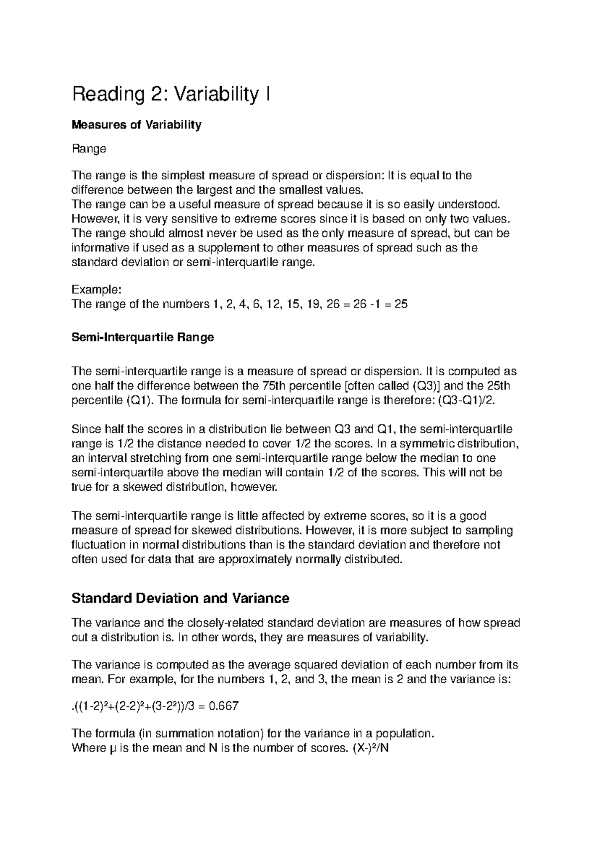 Unit 2 Reading 2 - Lecture notes 2 - Reading 2: Variability I Measures ...
