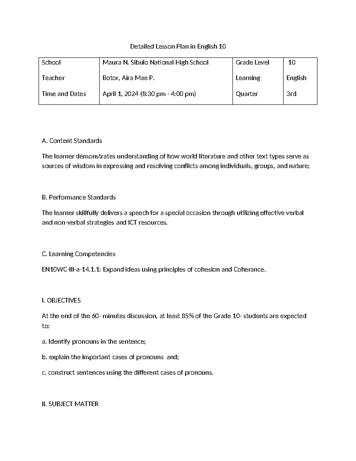 Detailed Lesson Plan 4As format - Detailed Lesson Plan in English 10 ...