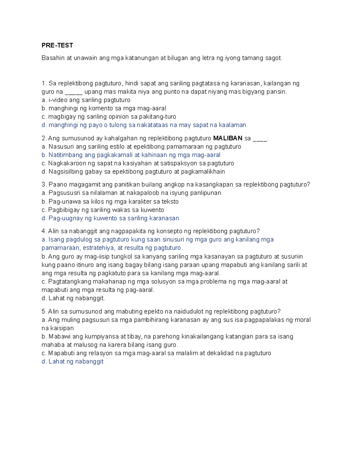 PRE TEST - This paper helps the students to understand his/her course ...