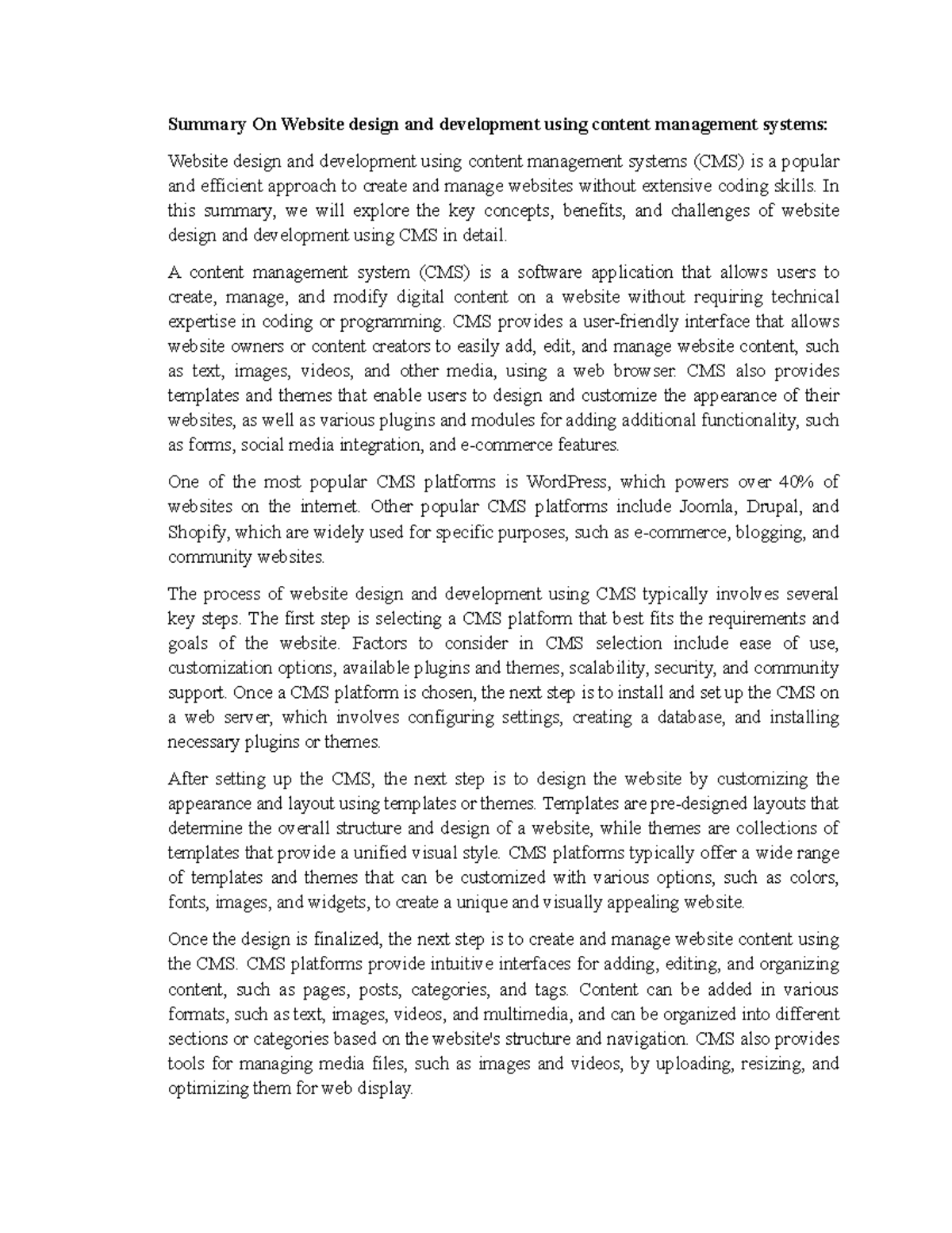Summary On Website design and development using content management ...