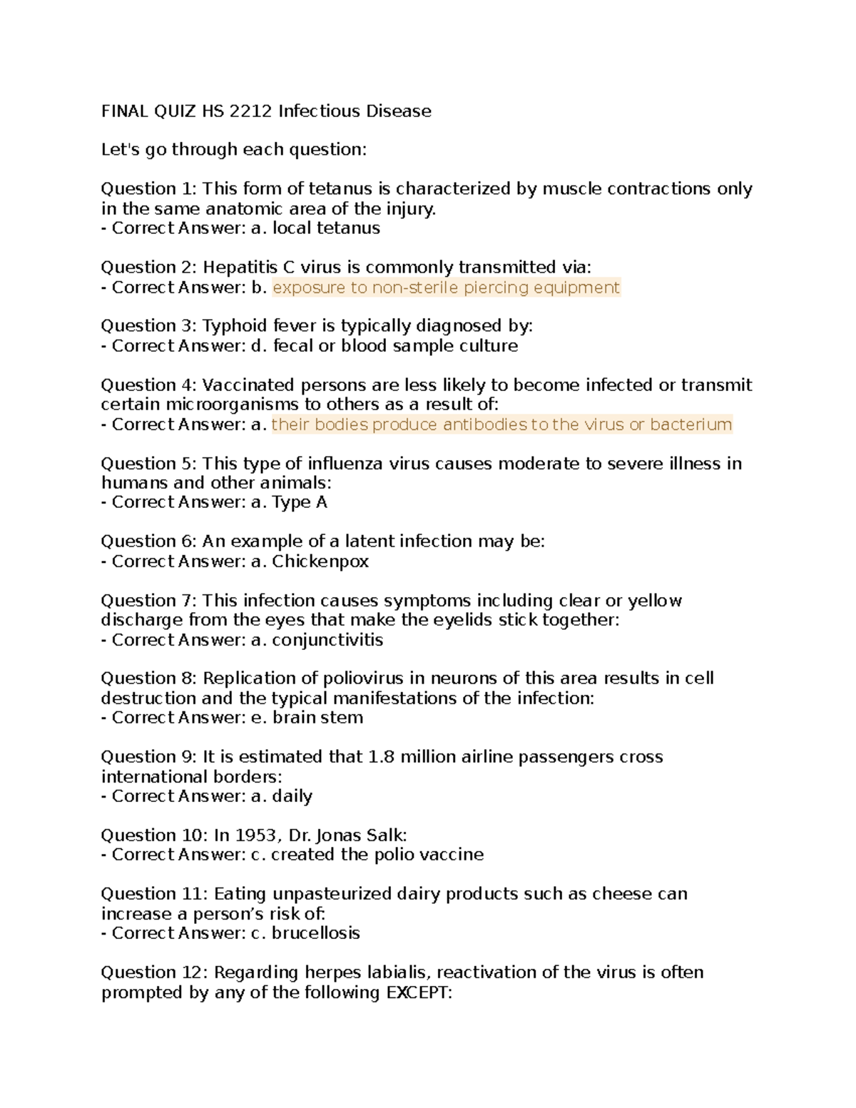 Final QUIZ HS 2212 Infectious Disease - FINAL QUIZ HS 2212 Infectious ...