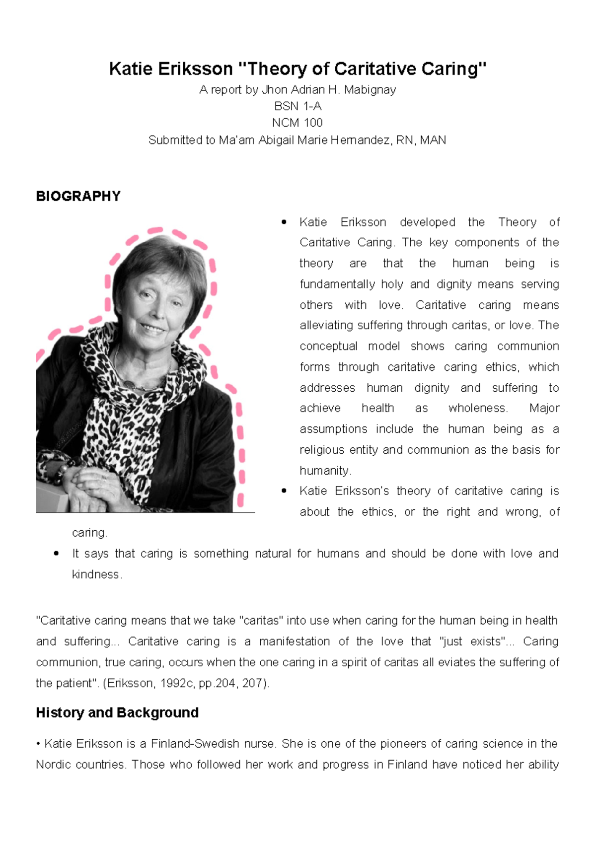 Katie Eriksson Writing Report - Katie Eriksson "Theory of Caritative ...