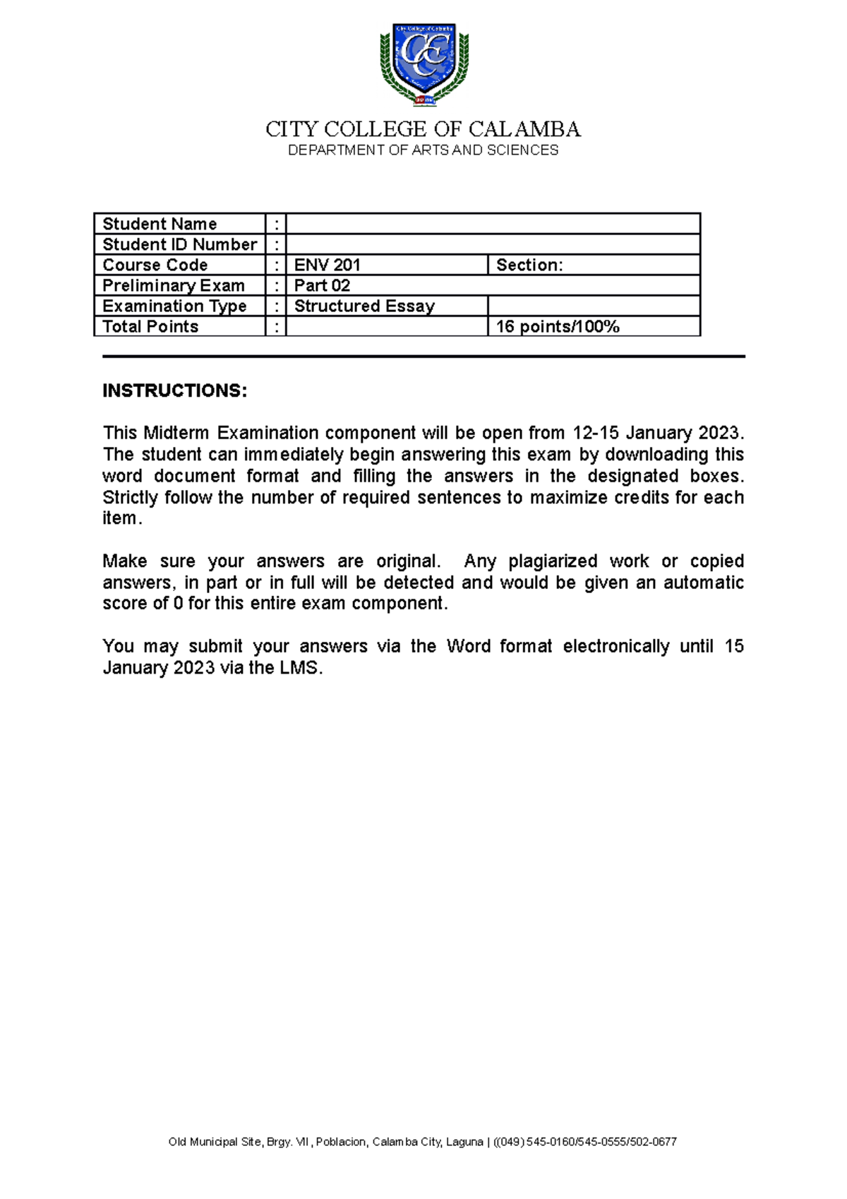 ENV201Part02Midterm Examination - CITY COLLEGE OF CALAMBA DEPARTMENT OF ...