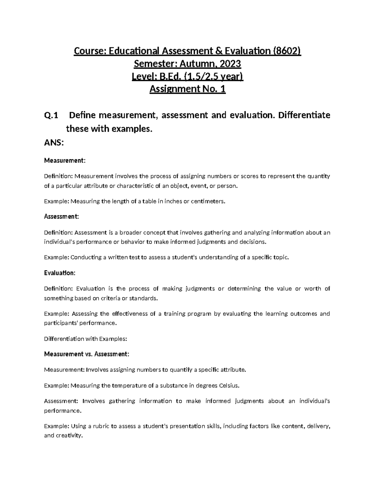 8602 1 - B.ed assignments - Course: Educational Assessment & Evaluation (8602) Semester: Autumn ...