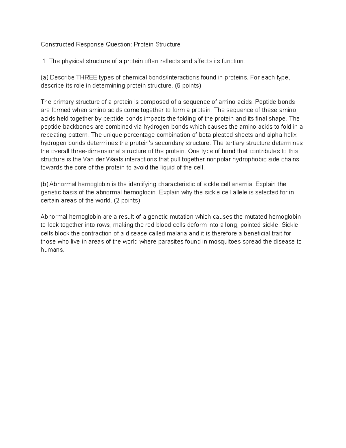 Protein Structure - Constructed Response Question: Protein Structure ...