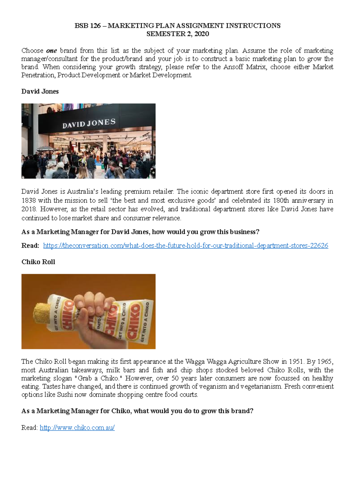 BSB 126 Marketing Plan Instructions - BSB 126 – MARKETING PLAN ASSIGNMENT INSTRUCTIONS SEMESTER ...