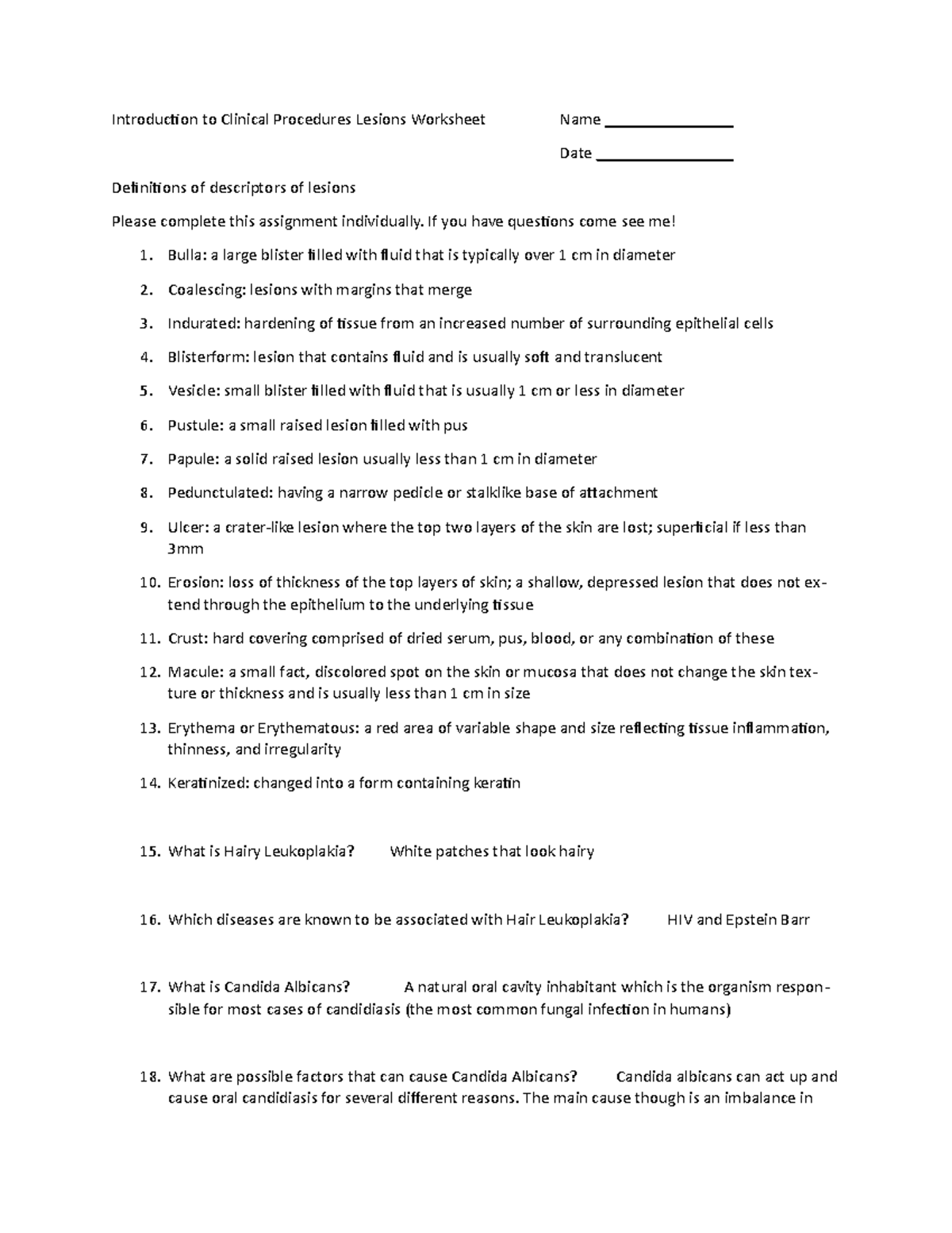 Intro to Clinical Lesions Worksheet pdf - Introduc)on to Clinical ...