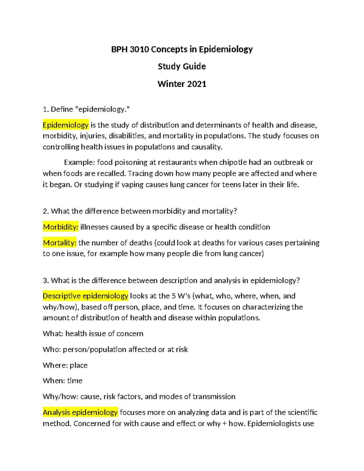 Midterm Study Guide updated 2021 - BPH 3010 Concepts in Epidemiology ...