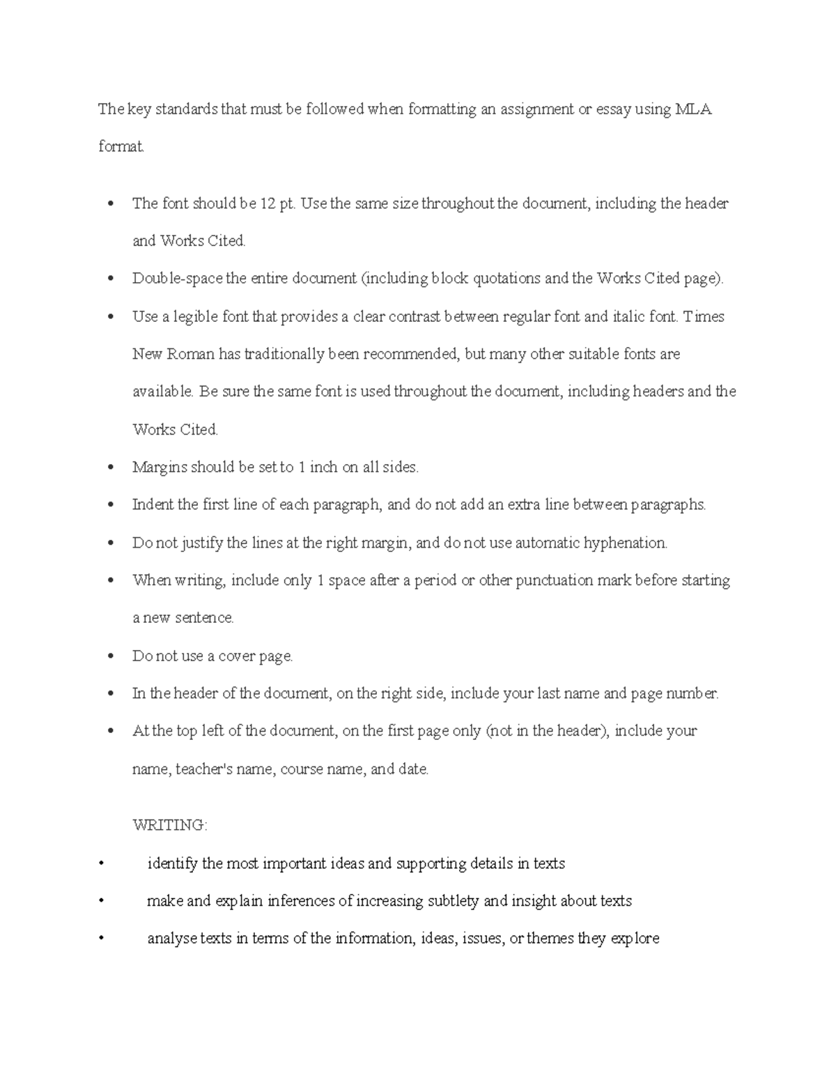 MLA format Guide - course notes - The key standards that must be ...