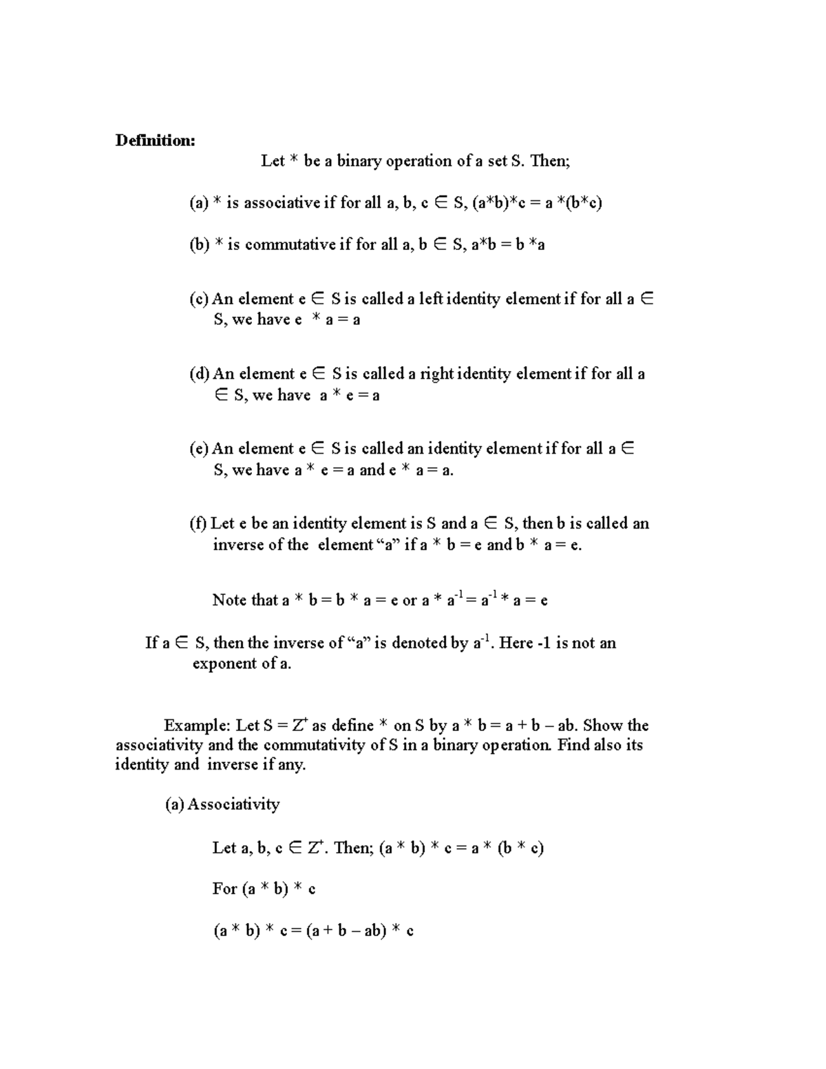Definition - An element e ∈ S is called a left identity element if for ...