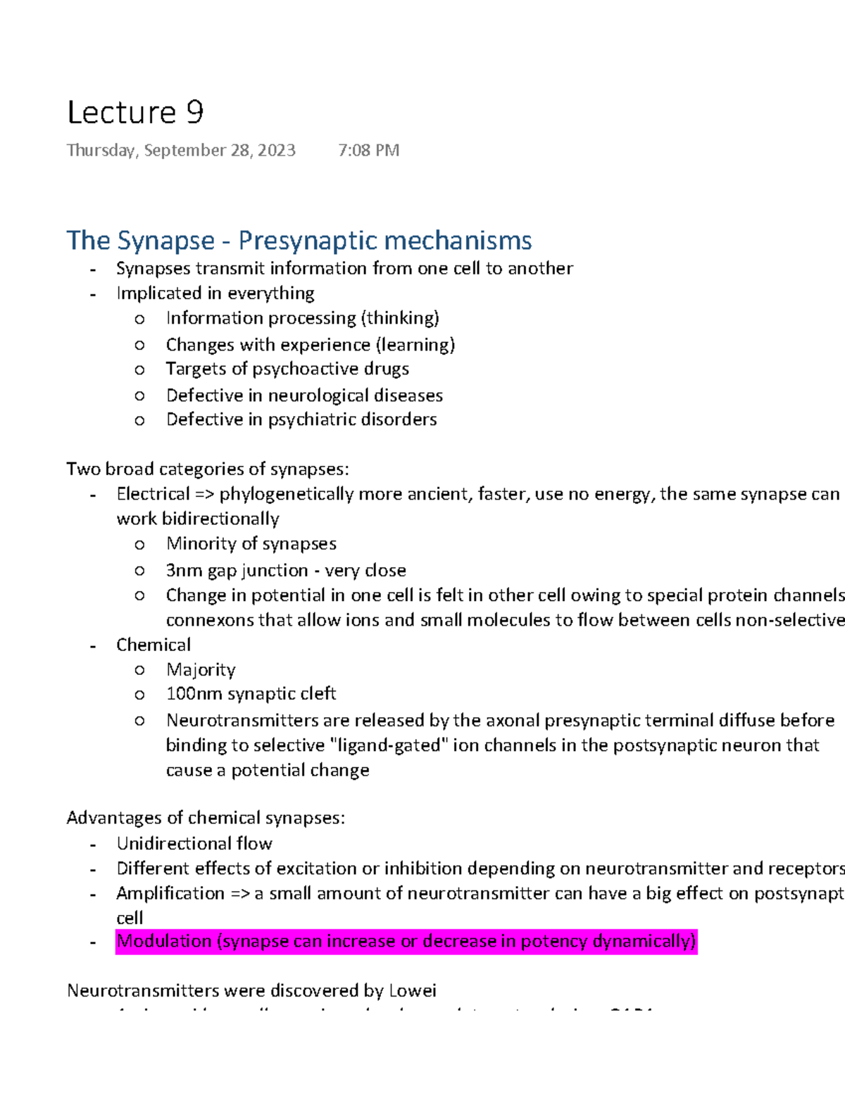 Lecture 9 - notes - The Synapse - Presynaptic mechanisms Synapses ...