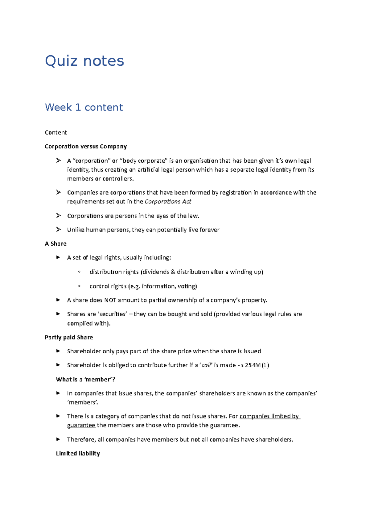 Quiz notes for mid semester quiz - Quiz notes Week 1 content Content ...
