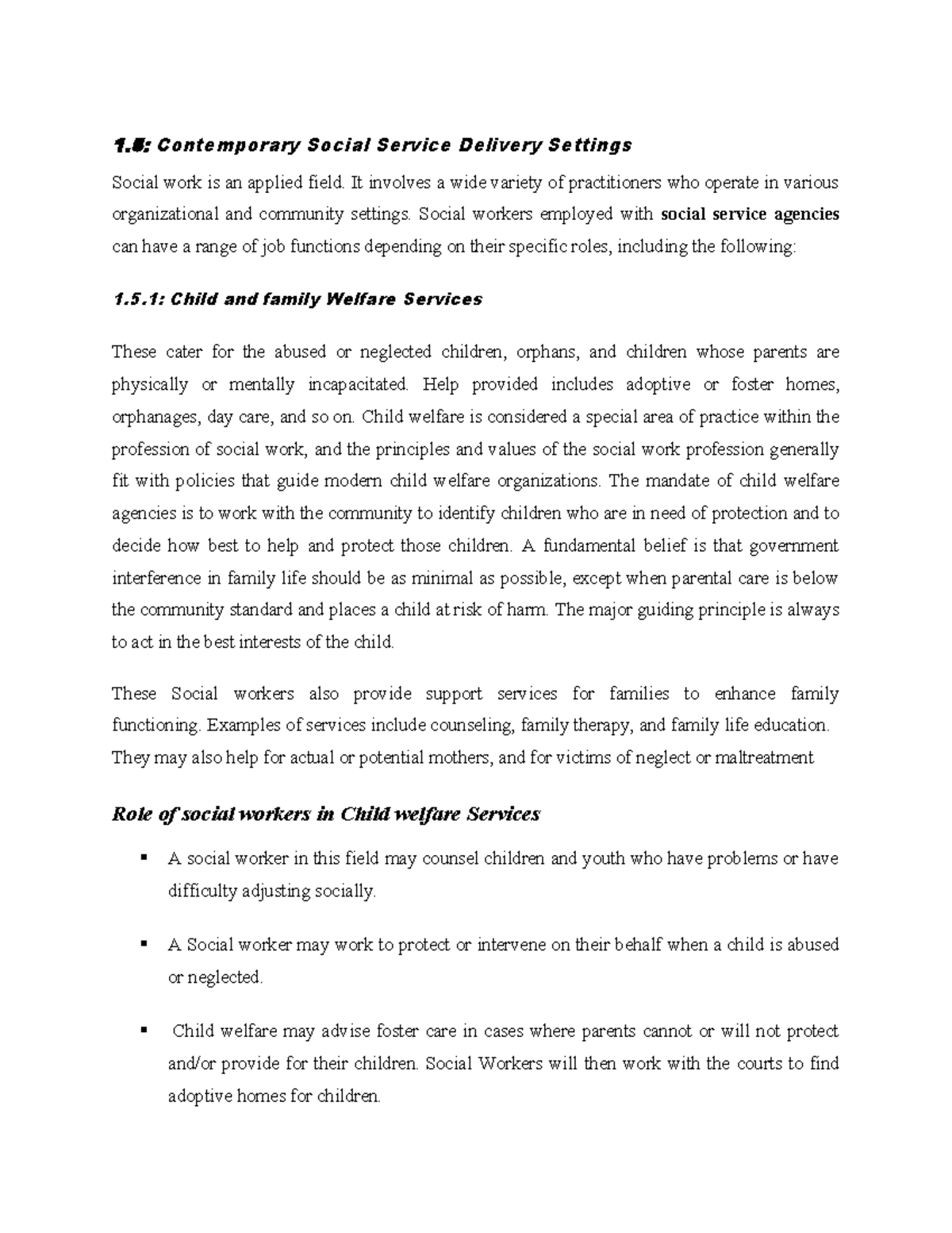 areas of social work practice - 1: Contemporary Social Service Delivery ...