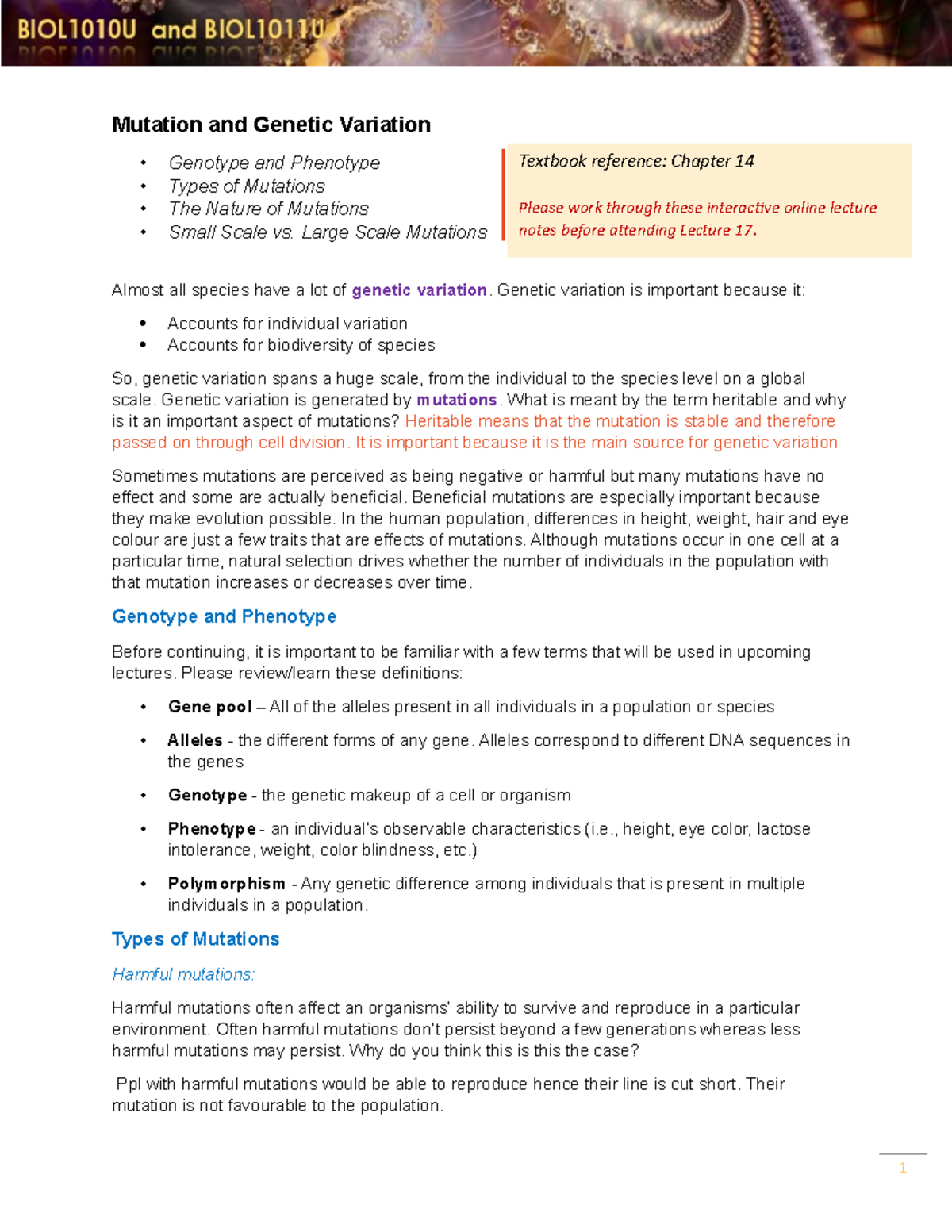L16 Genetic Variation Interactive notes Fall 2020 - Mutation and ...