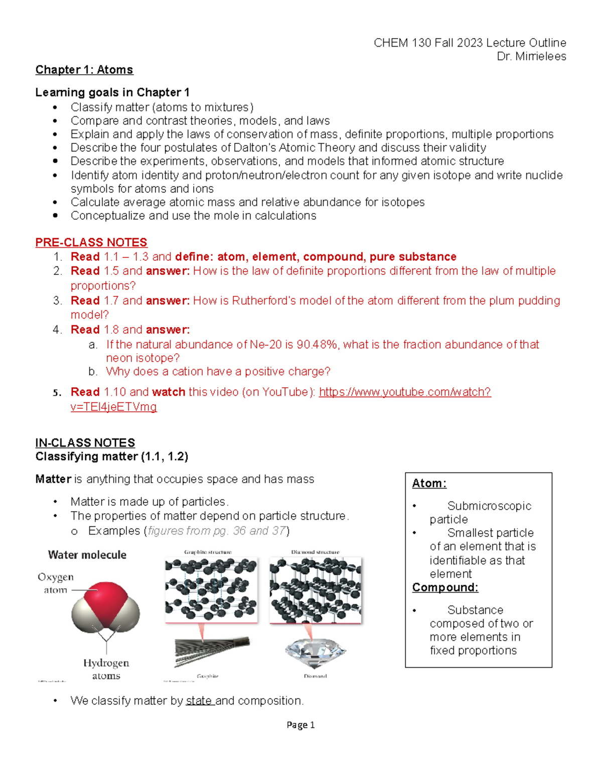 CHEM 130 Fall 2023 Chapter 1 Lecture Outline Mirrielees - Dr. Mirrielees Chapter 1: Atoms ...