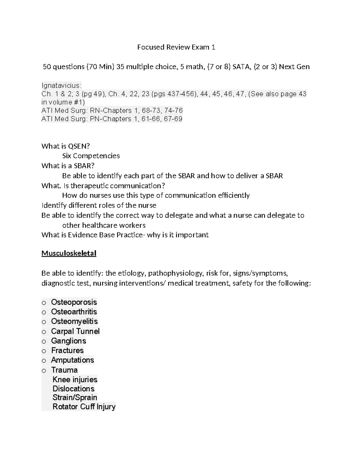 Focused Review Exam 1-1 - Focused Review Exam 1 50 questions (70 Min ...